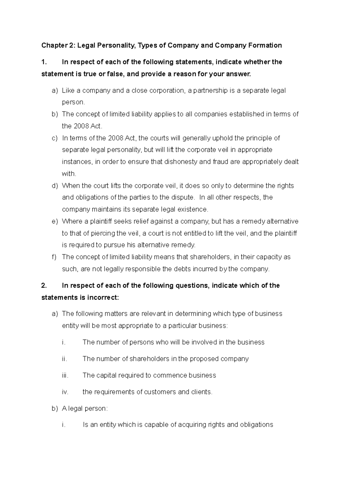 Legal Personality Types of Companies and Company Formation questions ...
