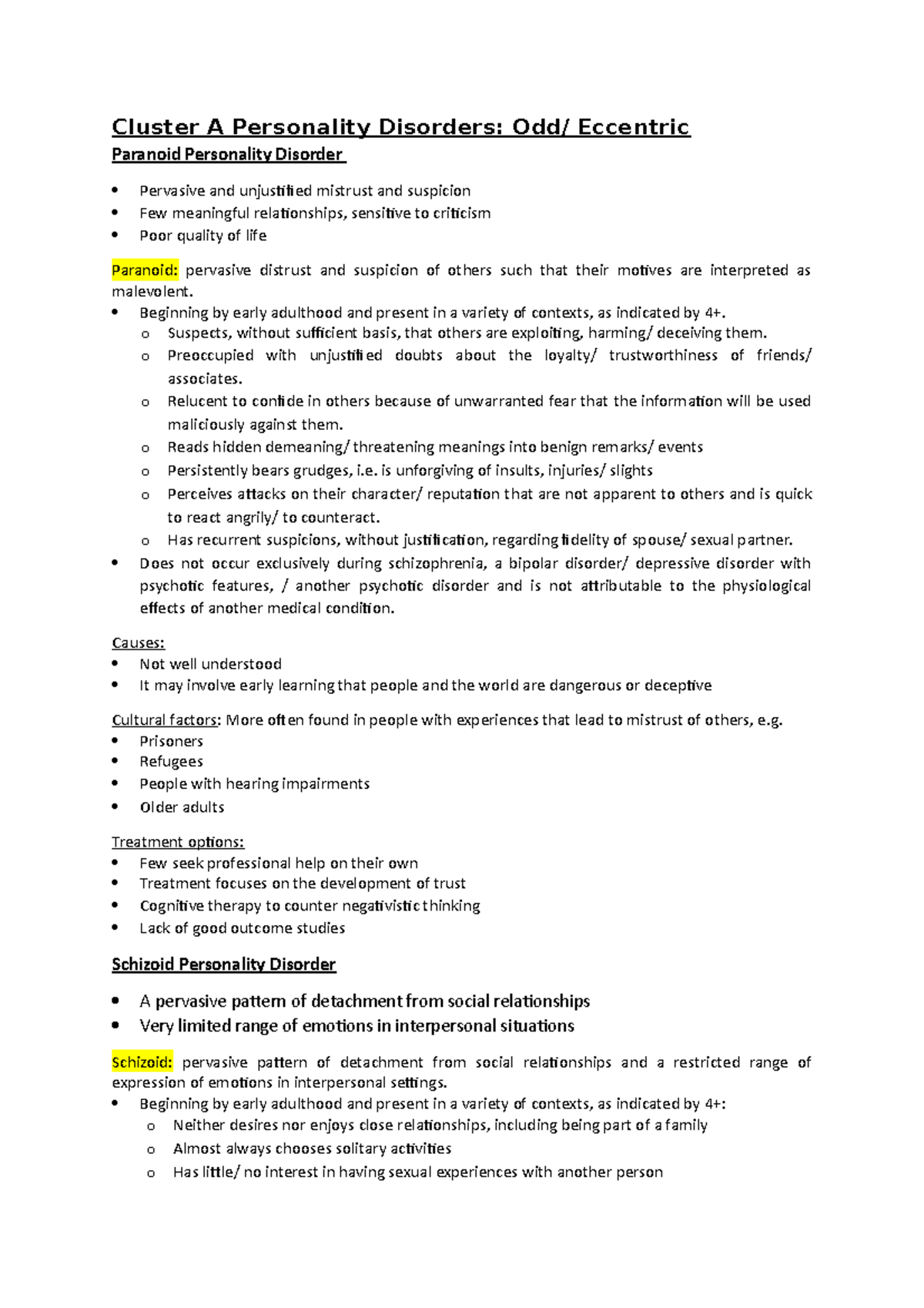 Cluster A Personality Disorders - Beginning by early adulthood and ...