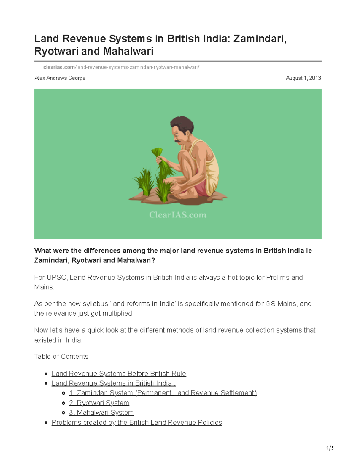 Land Revenue Systems in British India Zamindari Ryotwari and Mahalwari ...