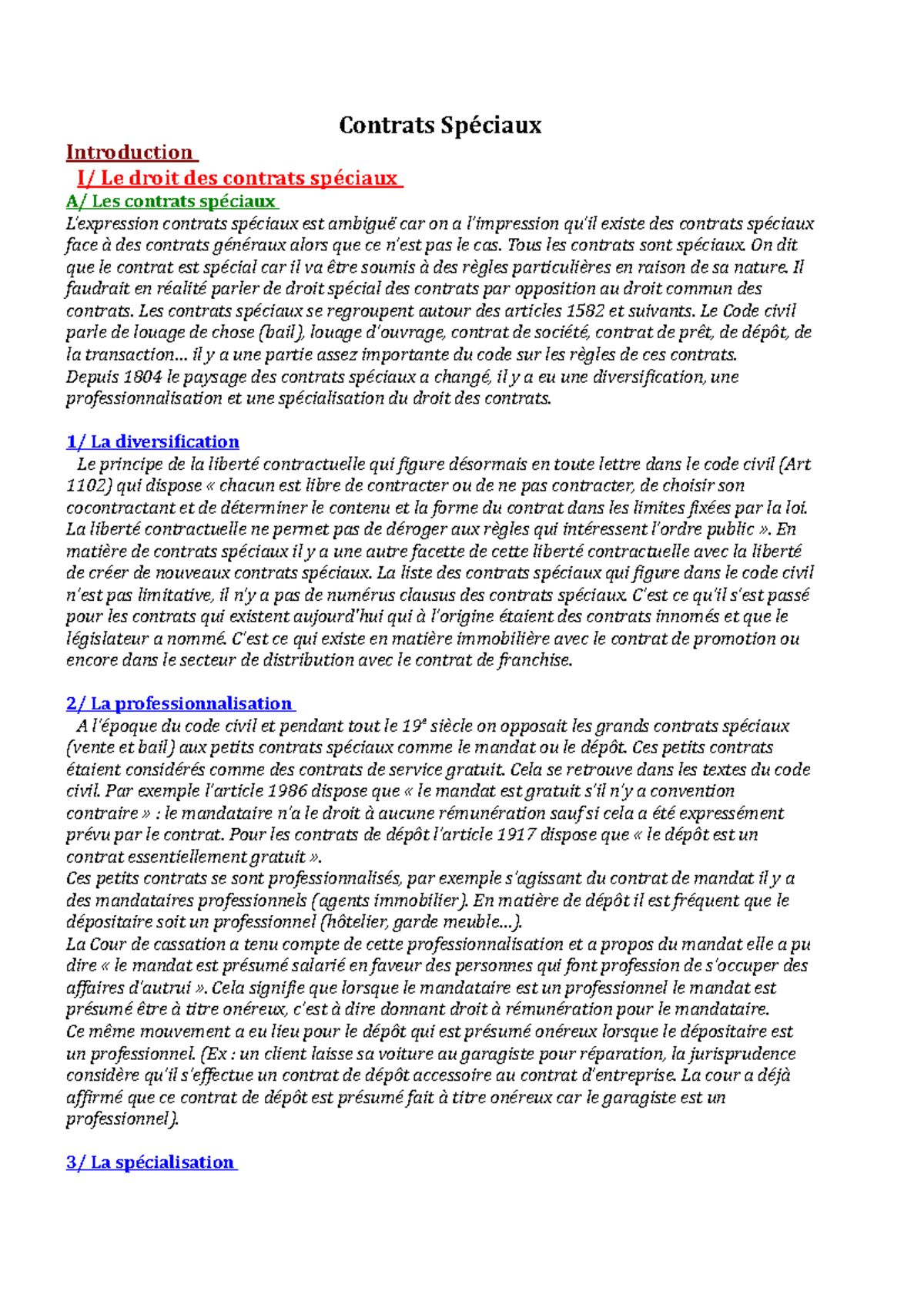 Contrat spéciaux - Contrats Spéciaux Introduction I/ Le droit des ...