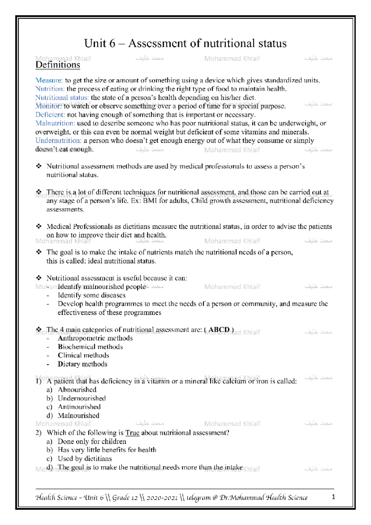 Questions about assessment of nutritional status - science - Studocu