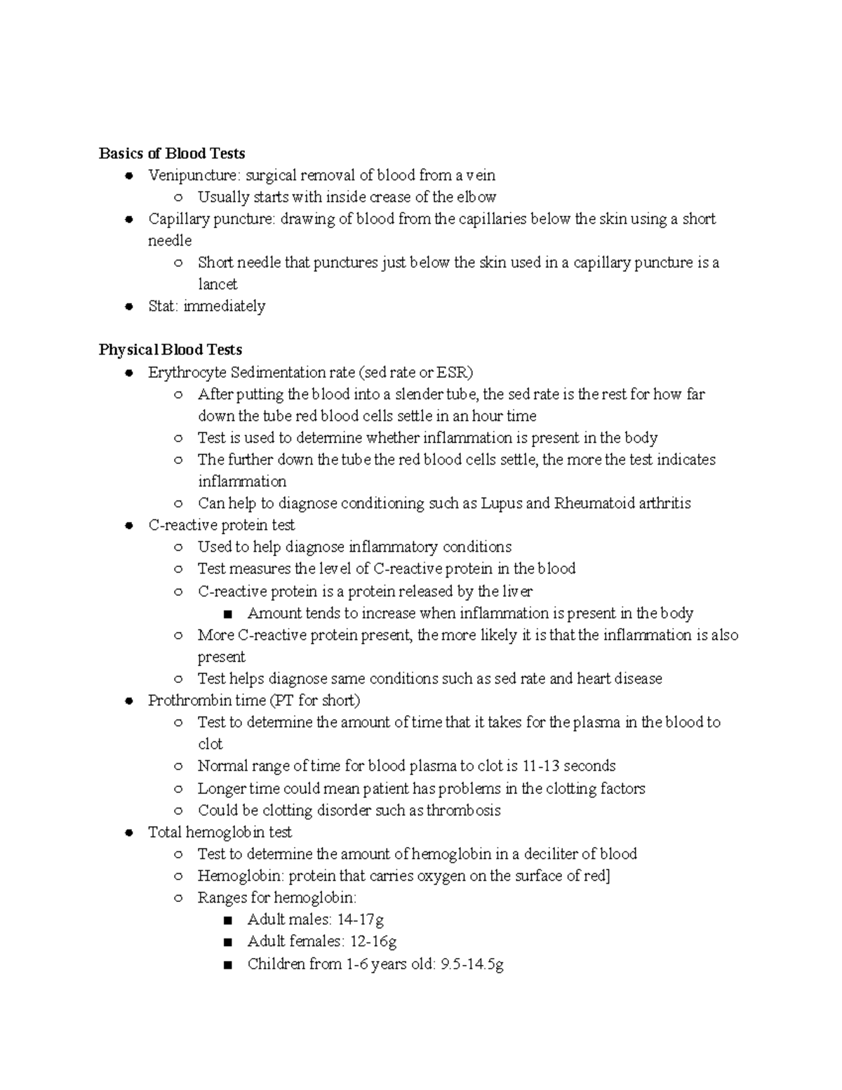 Module 2 Lecture Notes - Basics of Blood Tests Venipuncture: surgical ...