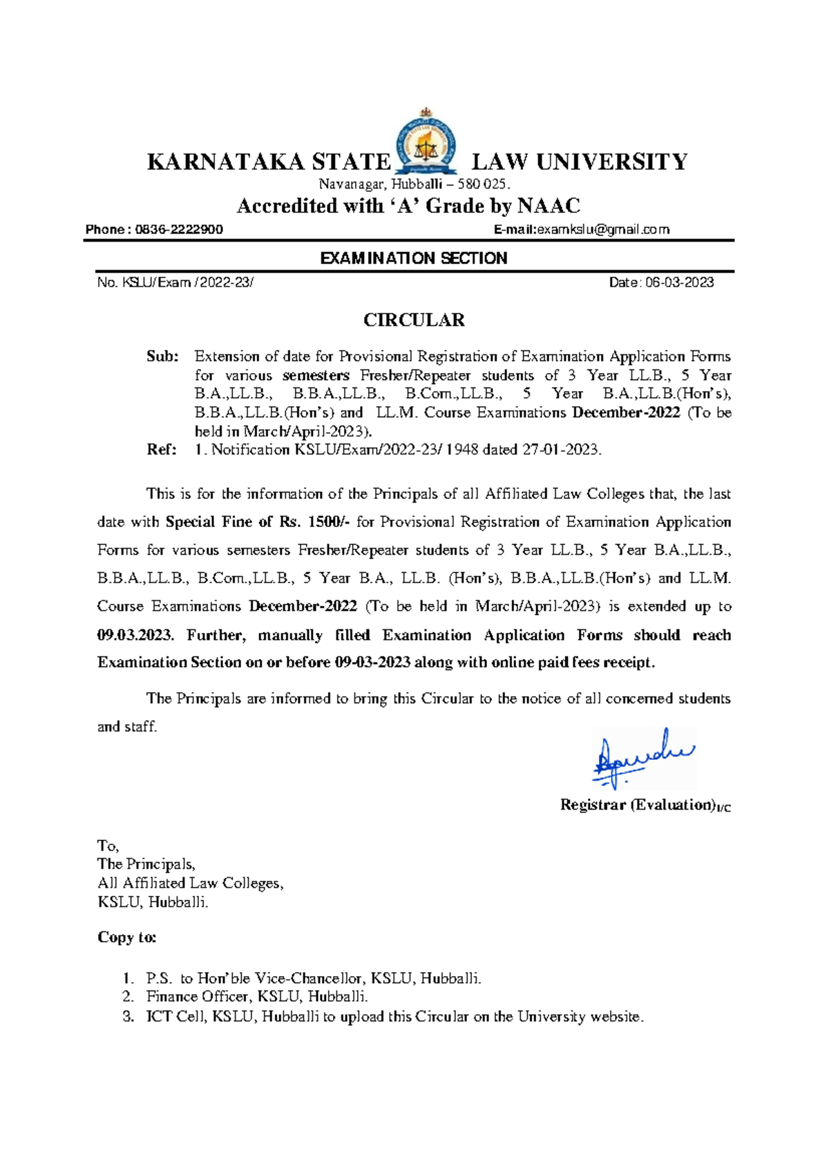 Cirular - Circular - KARNATAKA STATE LAW UNIVERSITY Navanagar, Hubballi – 580 025. Accredited ...