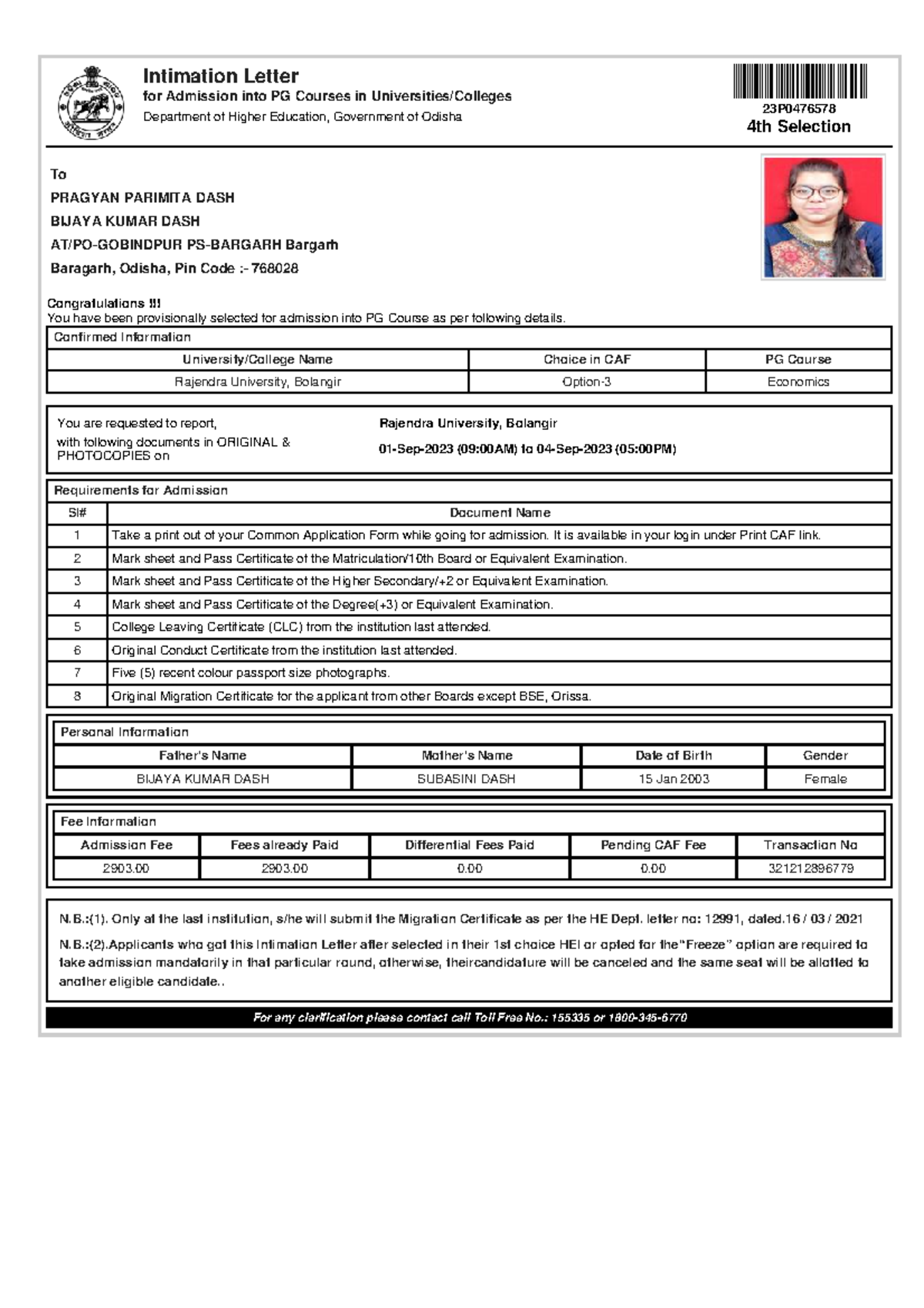 Adam Smith theory of development - Intimation Letter for Admission into ...