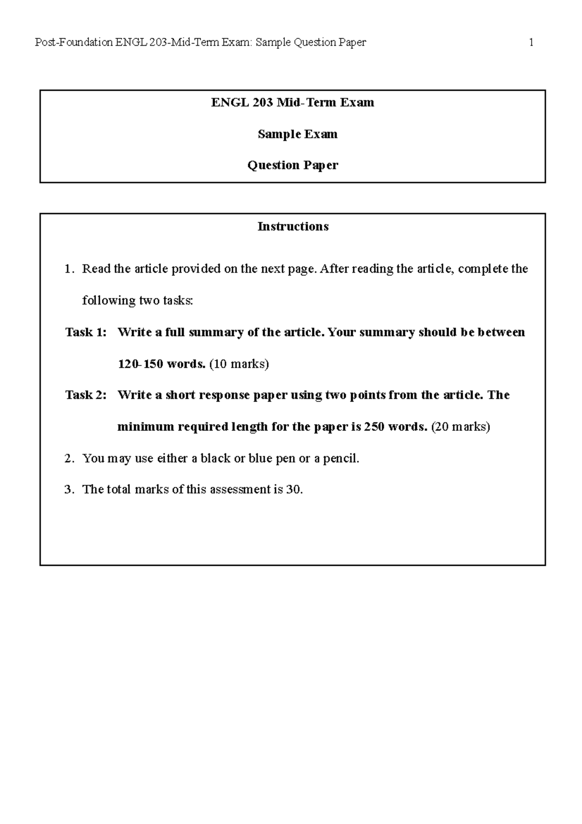 Mid-Term Exam Sample - fall 2020 - Post-Foundation ENGL 203-Mid-Term ...