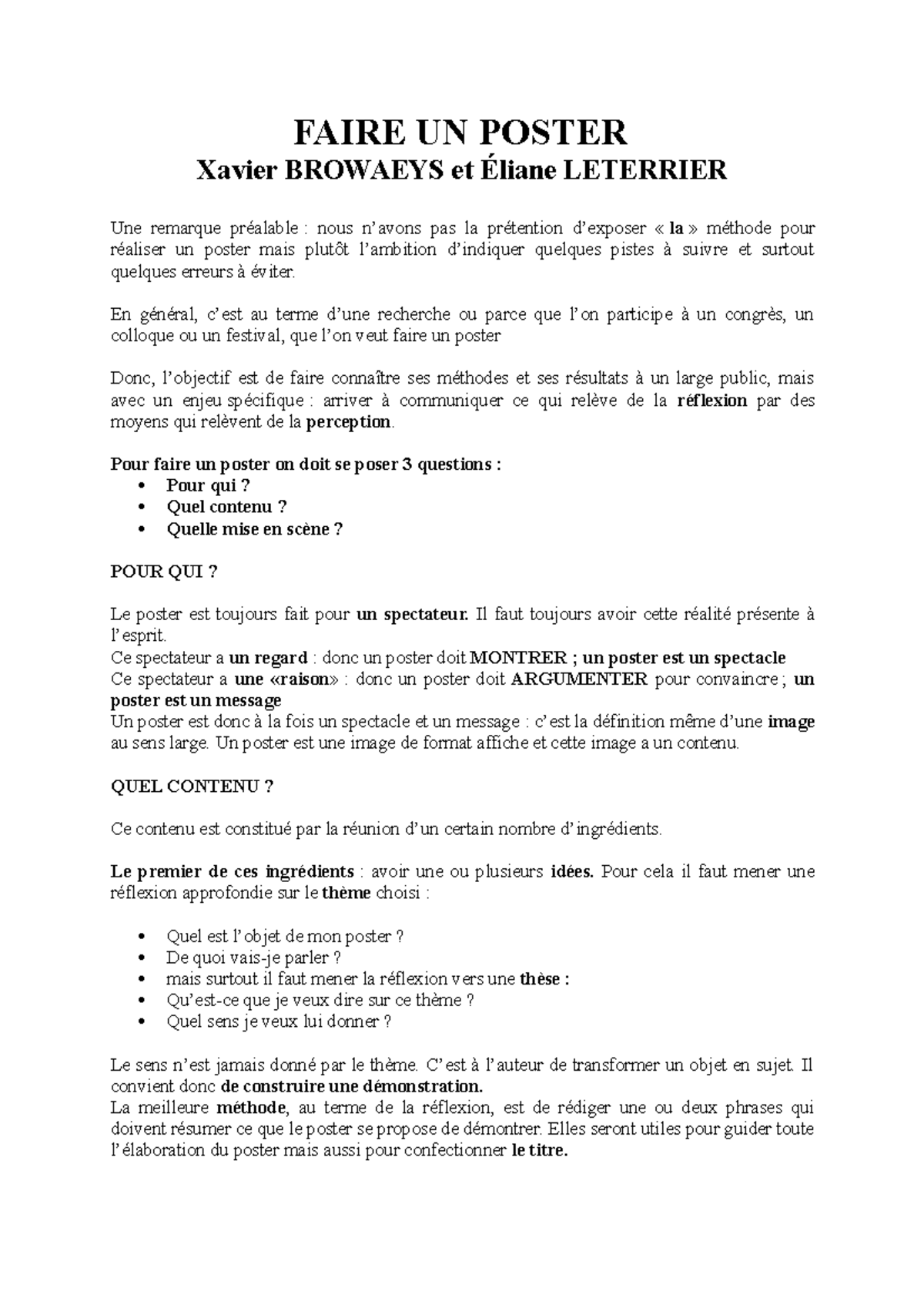 Poster scientifique - FAIRE UN POSTER Xavier BROWAEYS et Éliane ...