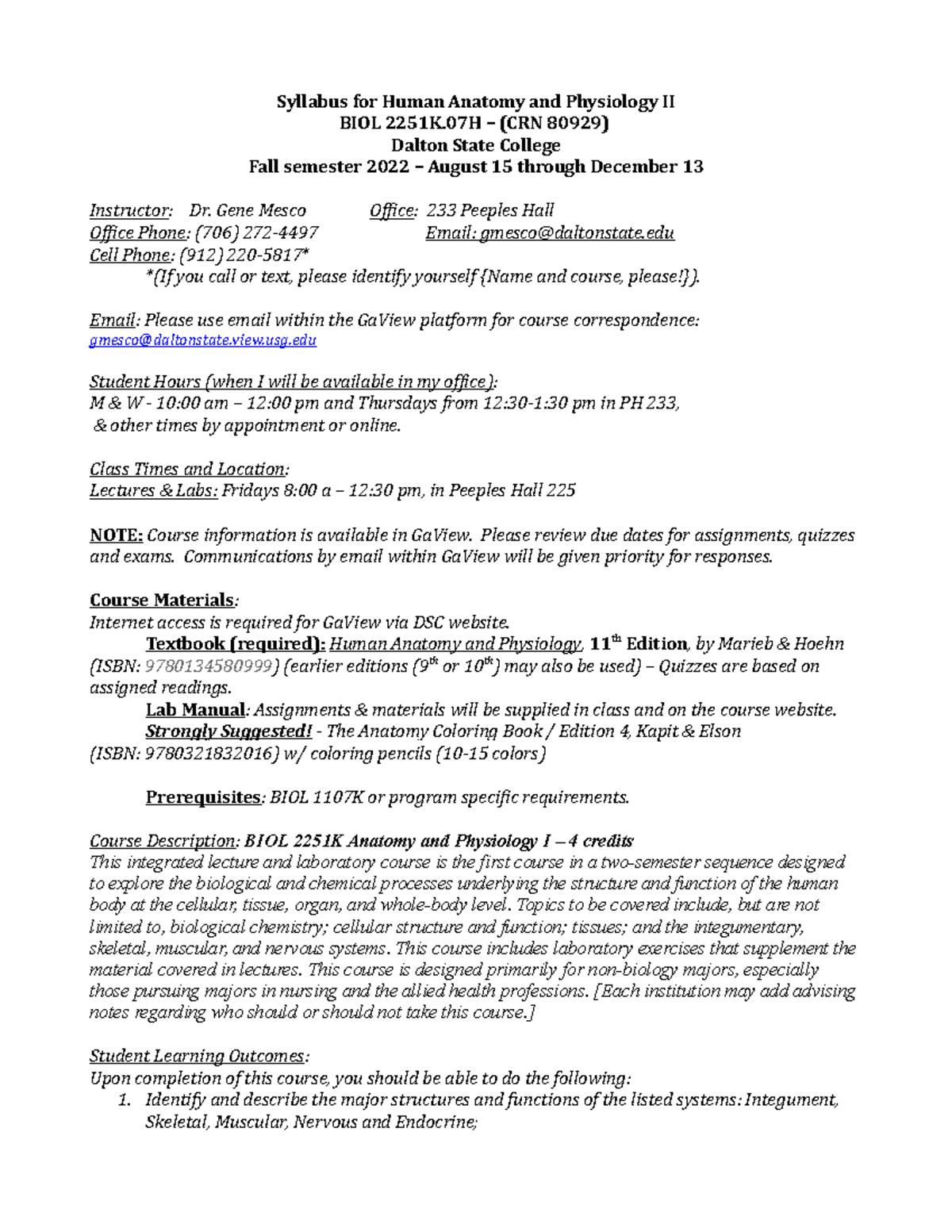 Fall22 BIOL 2251K-07H Mesco 2 - Syllabus for Human Anatomy and ...