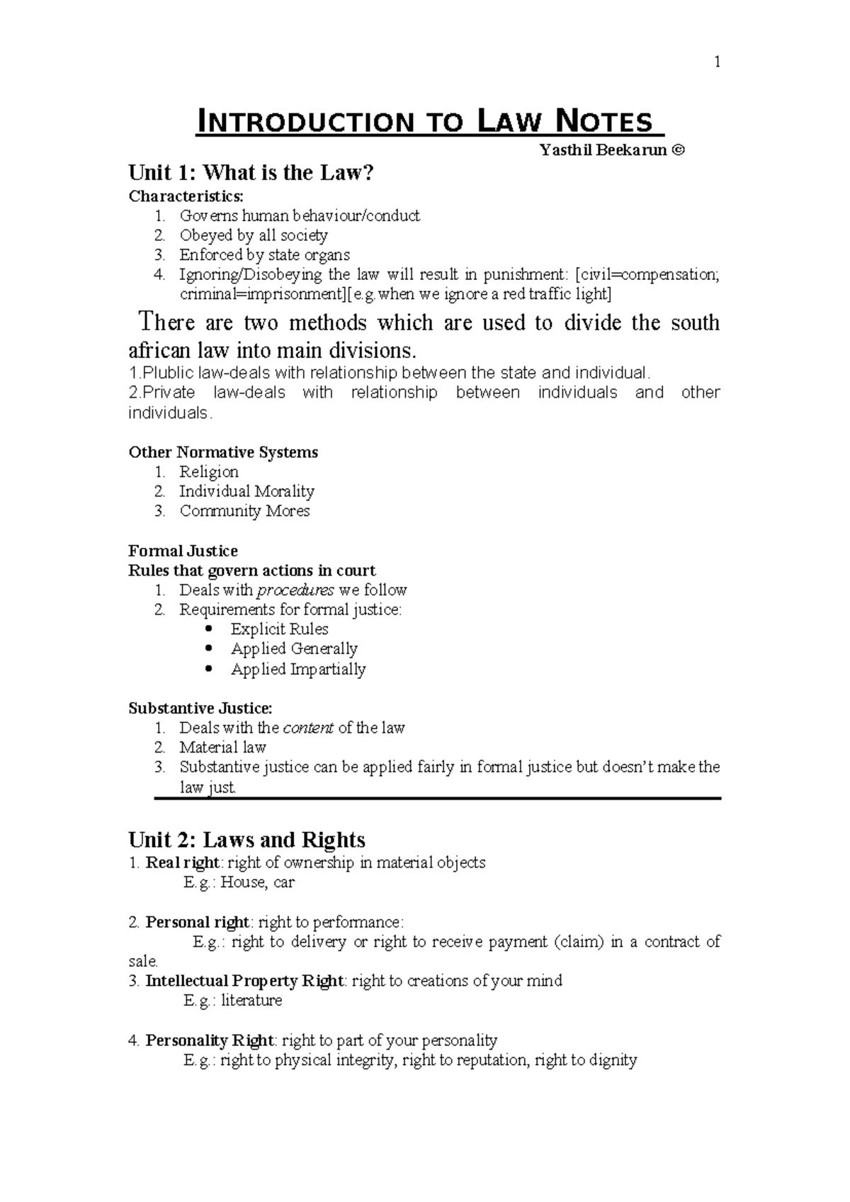 ILW1501-study-notes - INTRODUCTION TO LAW NOTES Yasthil Beekarun © Unit ...