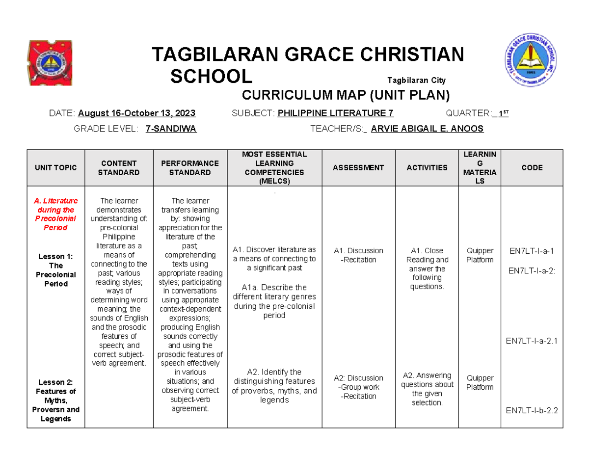 Grade 7 Curriculum Map FULL - TAGBILARAN GRACE CHRISTIAN SCHOOL ...