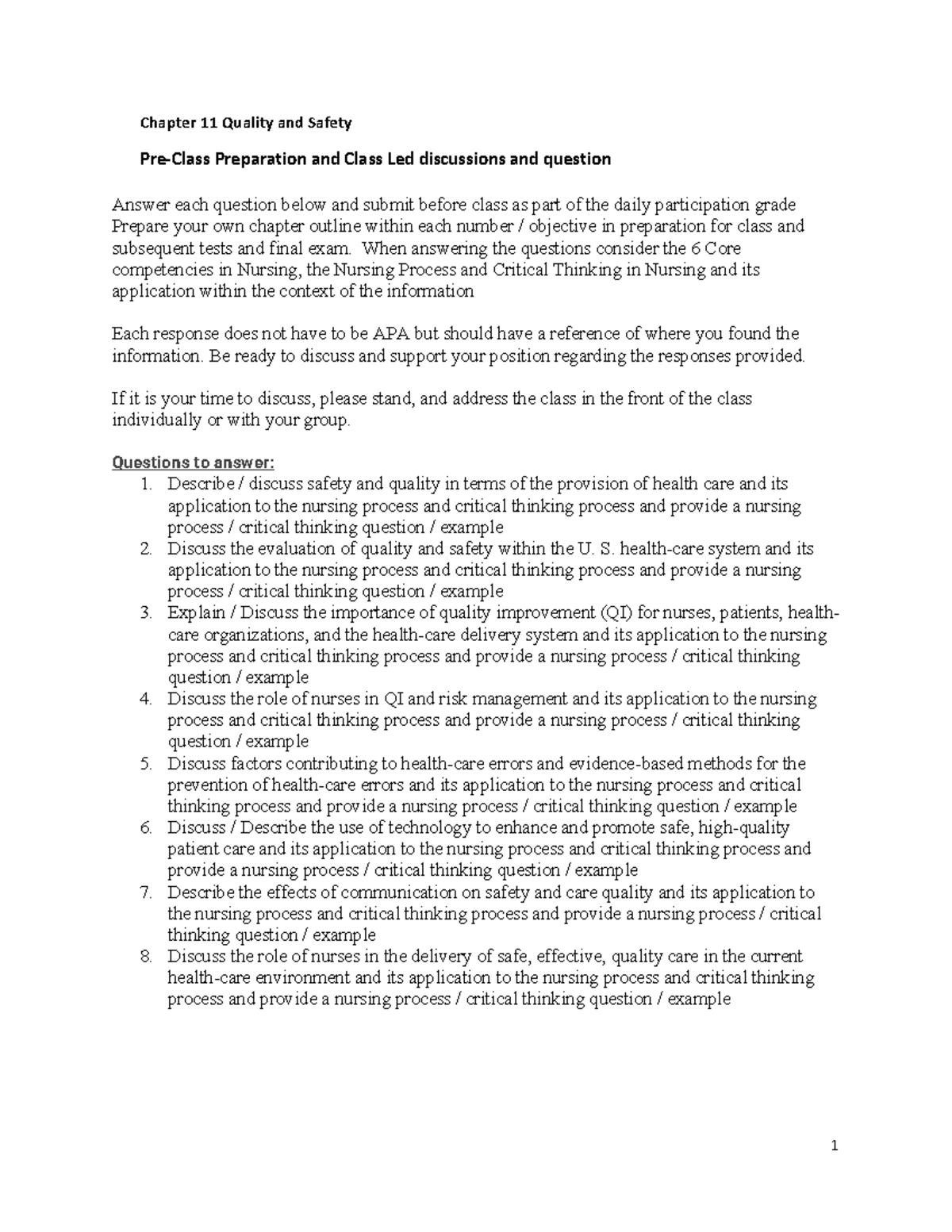 Ch11-Pre Class Preparation - 1 Chapter 11 Quality and Safety Pre-Class ...