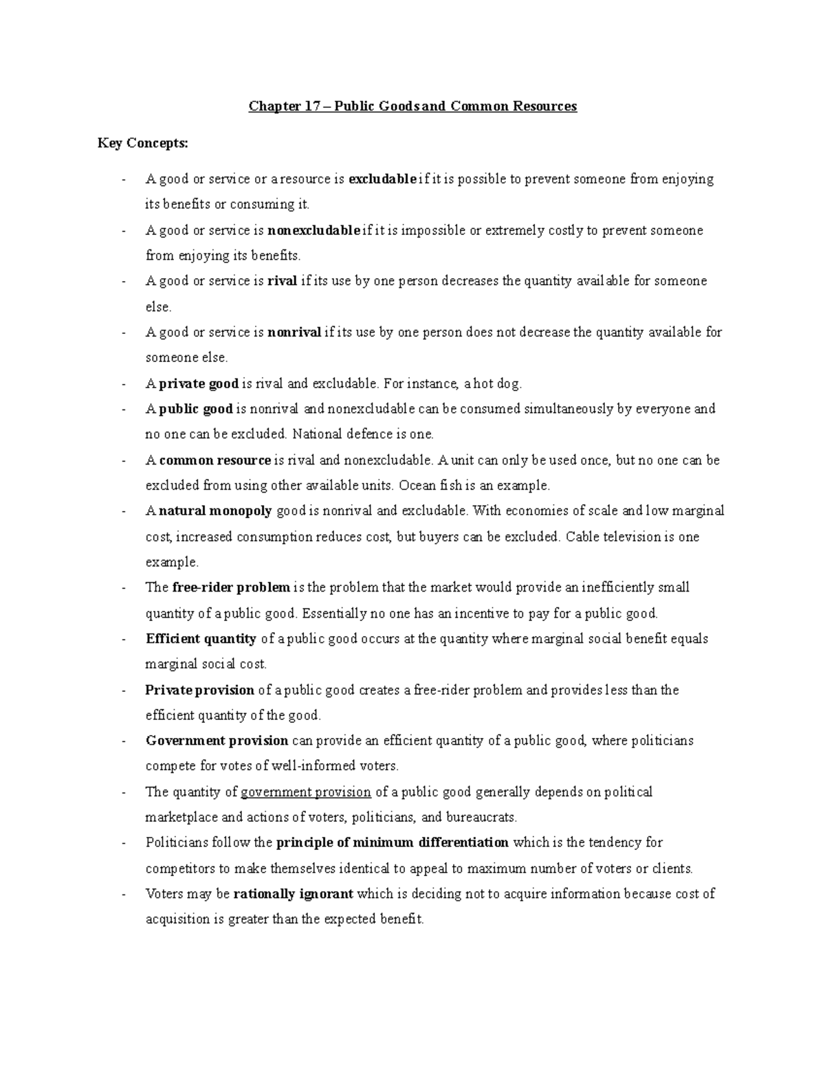 ECON 1000 Notes - Chapter 17 - Chapter 17 – Public Goods and Common ...