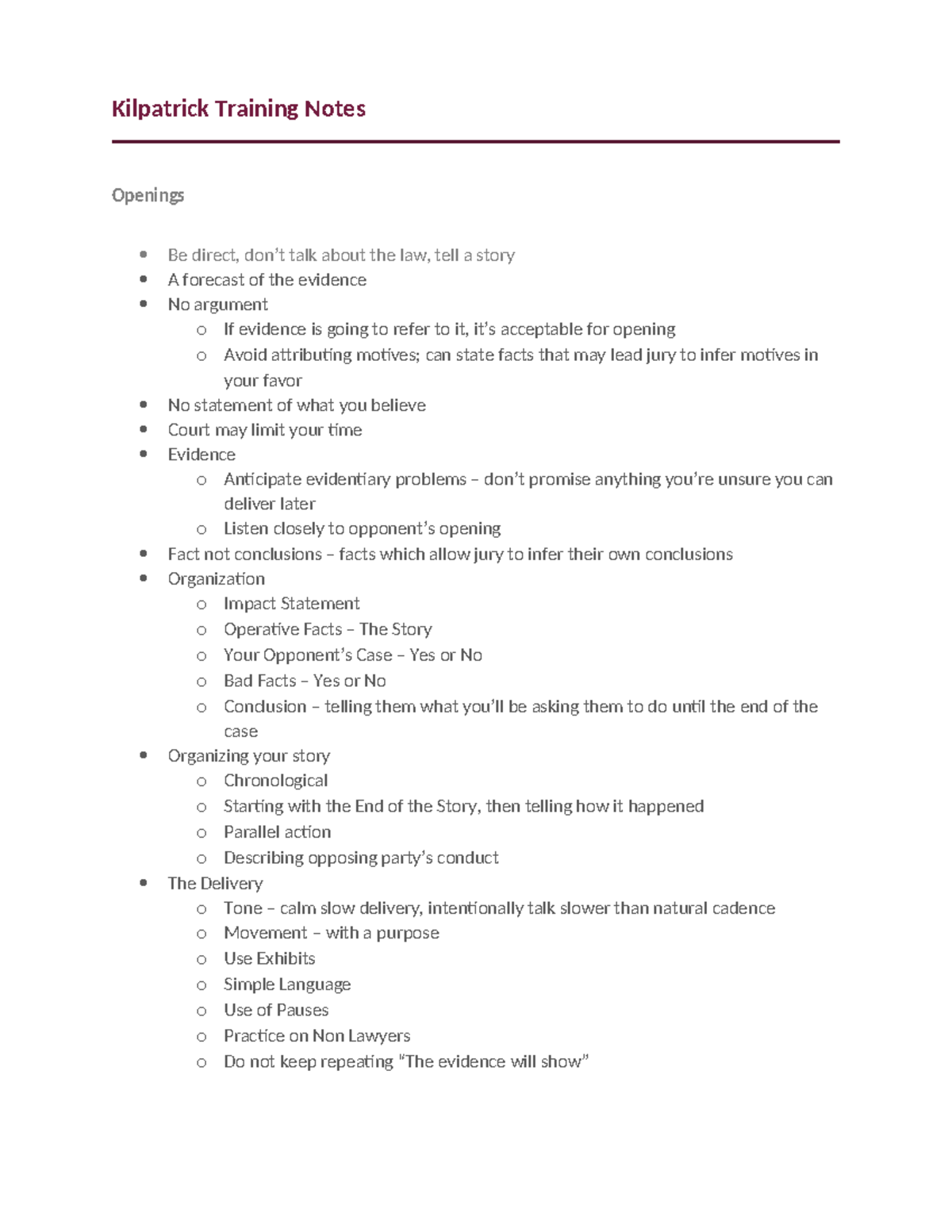 Kilpatrick Trial Comp Notes - Kilpatrick Training Notes Openings Be ...