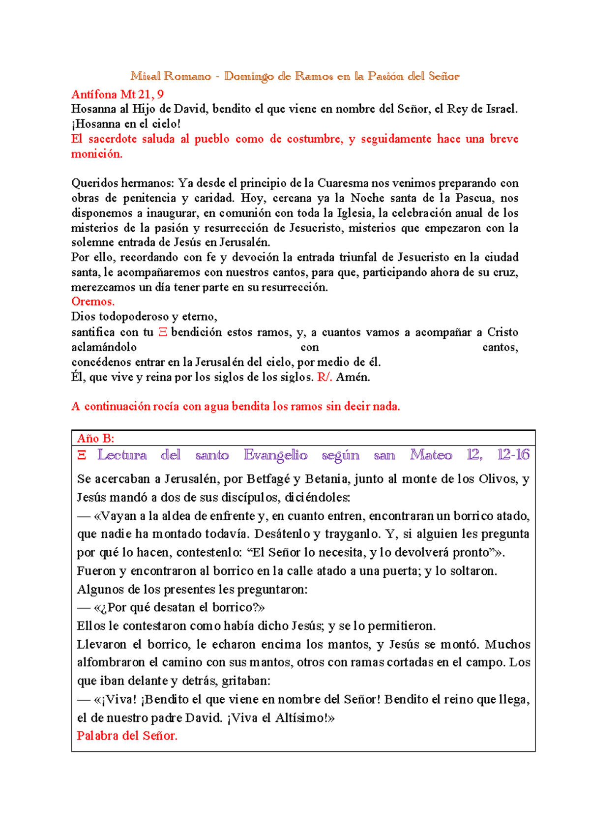 Misal Romano - Domingo de Ramos en la Pasión del Señor - Misal Romano ...