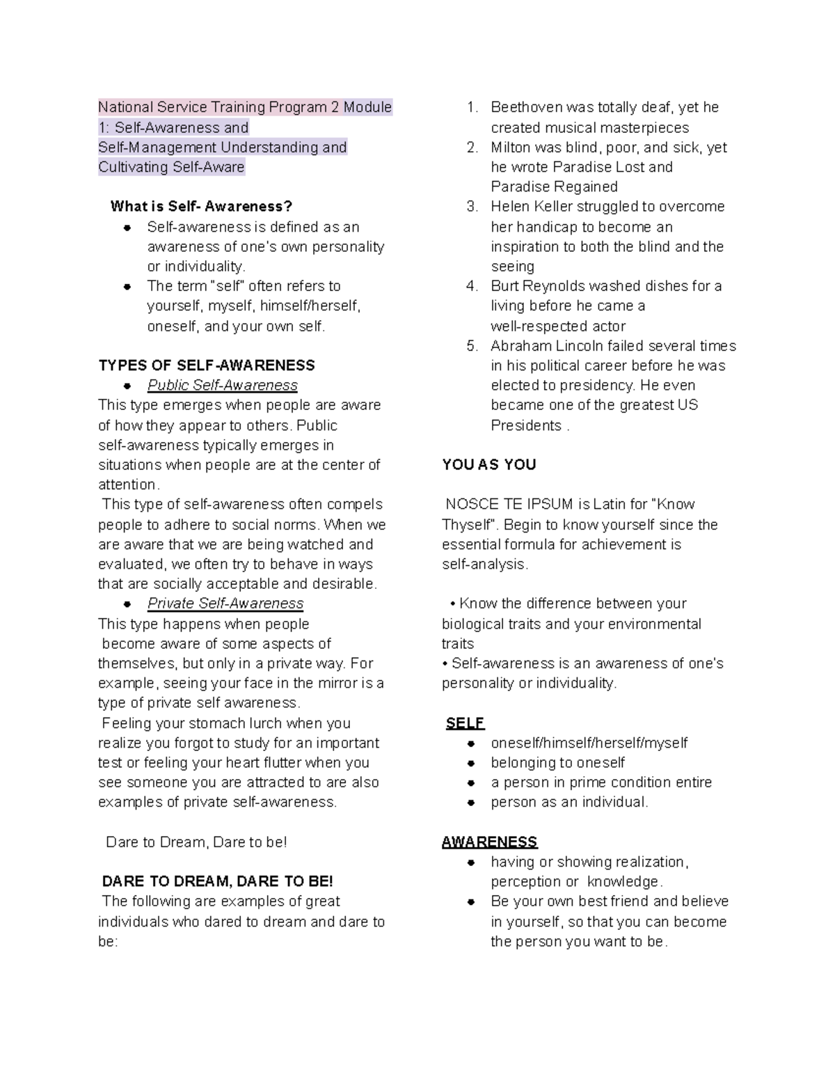 NSTP 112 Reviewer - National Service Training Program 2 Module 1: Self ...