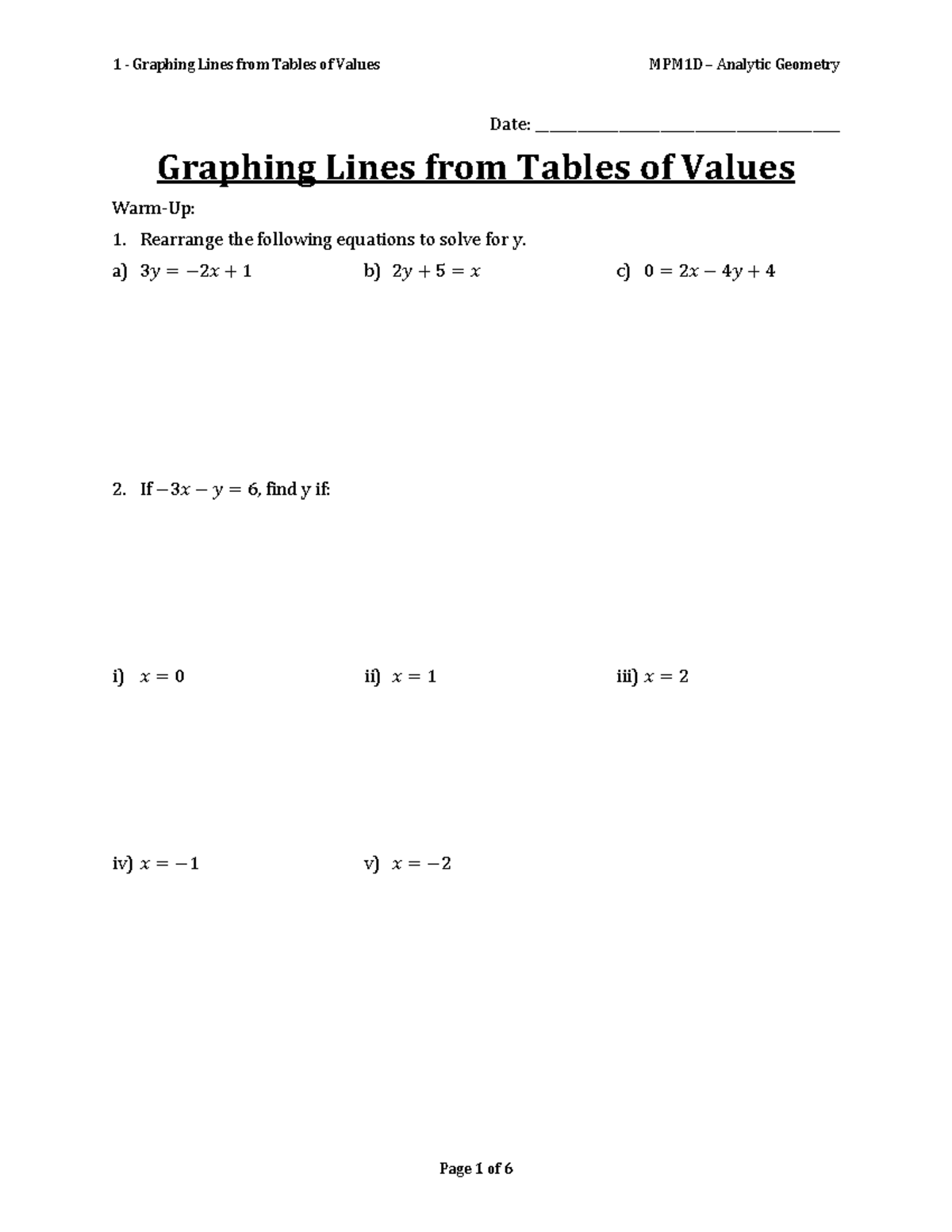 01 - Graphing Lines from Tables of Values - Date