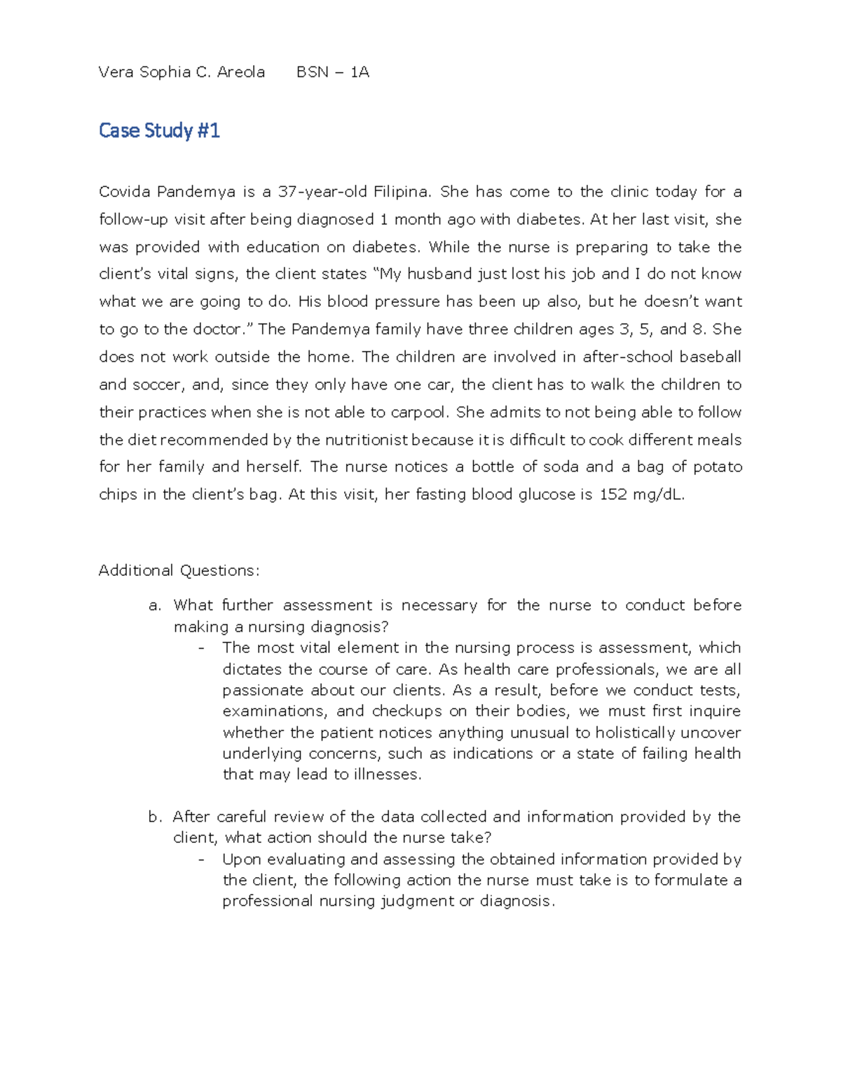 VERA Sophia Areola - Week 1 Case Study - Vera Sophia C. Areola BSN – 1A ...
