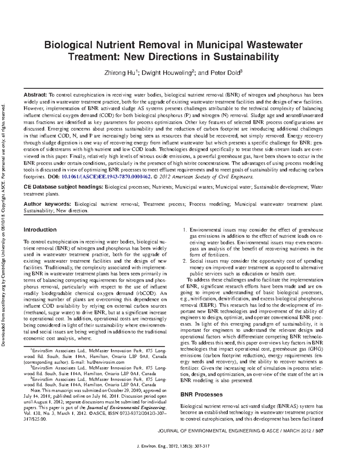 BNR paper on municipal paper - Biological Nutrient Removal in Municipal ...