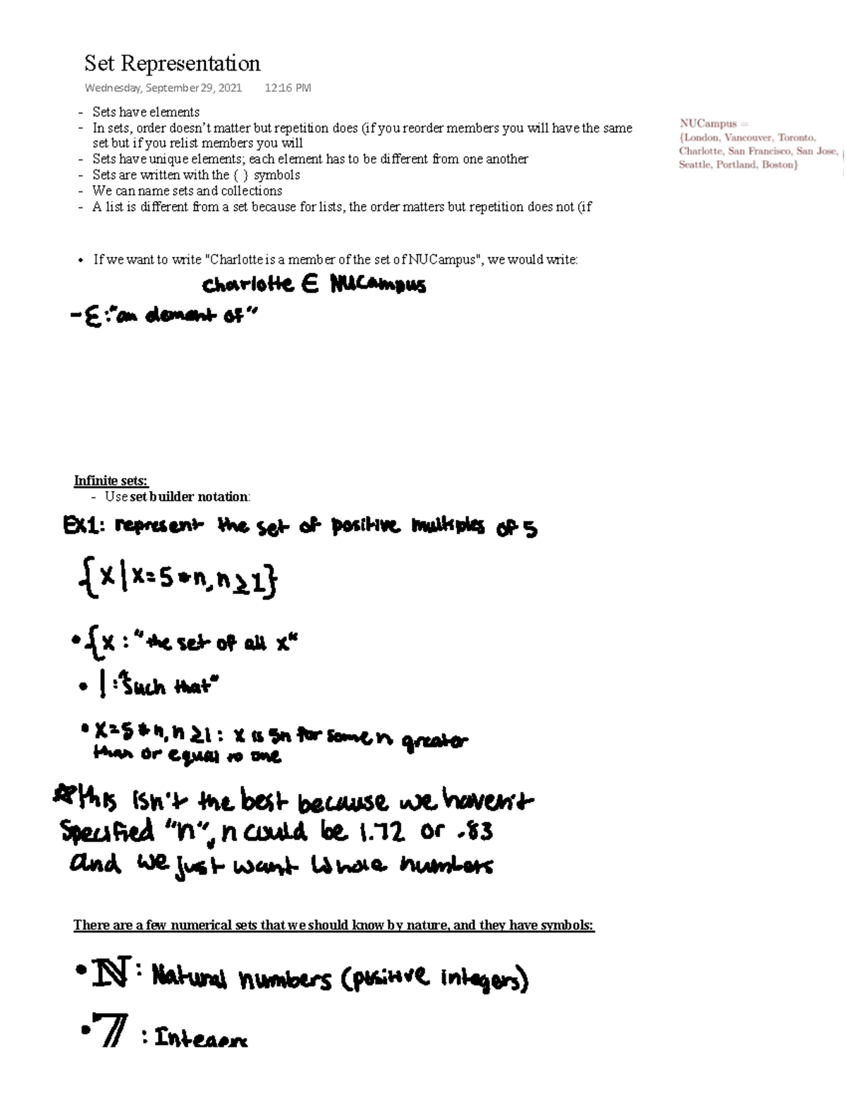 Set Representation - Sets have elements In sets, order doesn’t matter ...