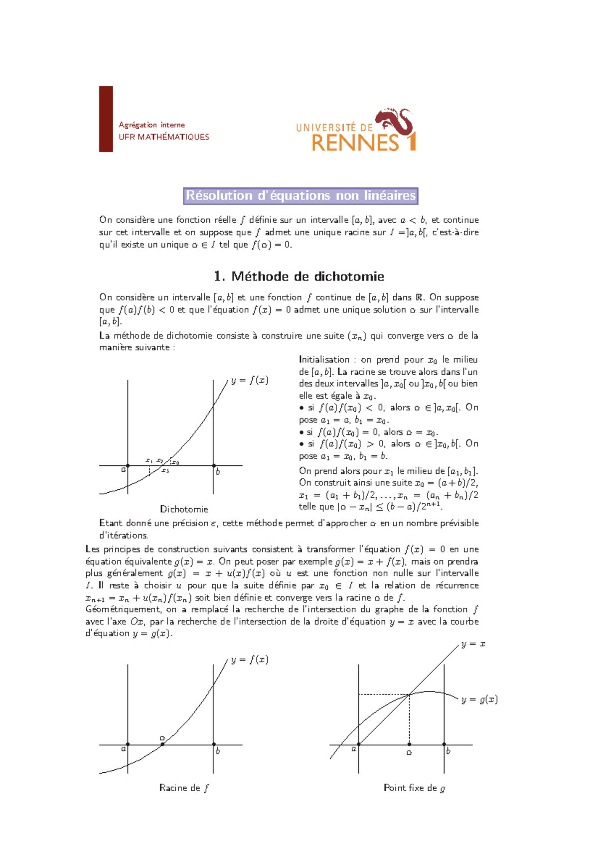 Equation non linéaire python dichotomique, point fixe - Agr ́egation ...