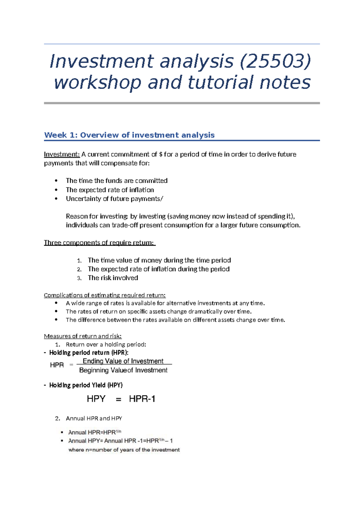 Investment analysis notes - Investment analysis (25503) workshop and ...