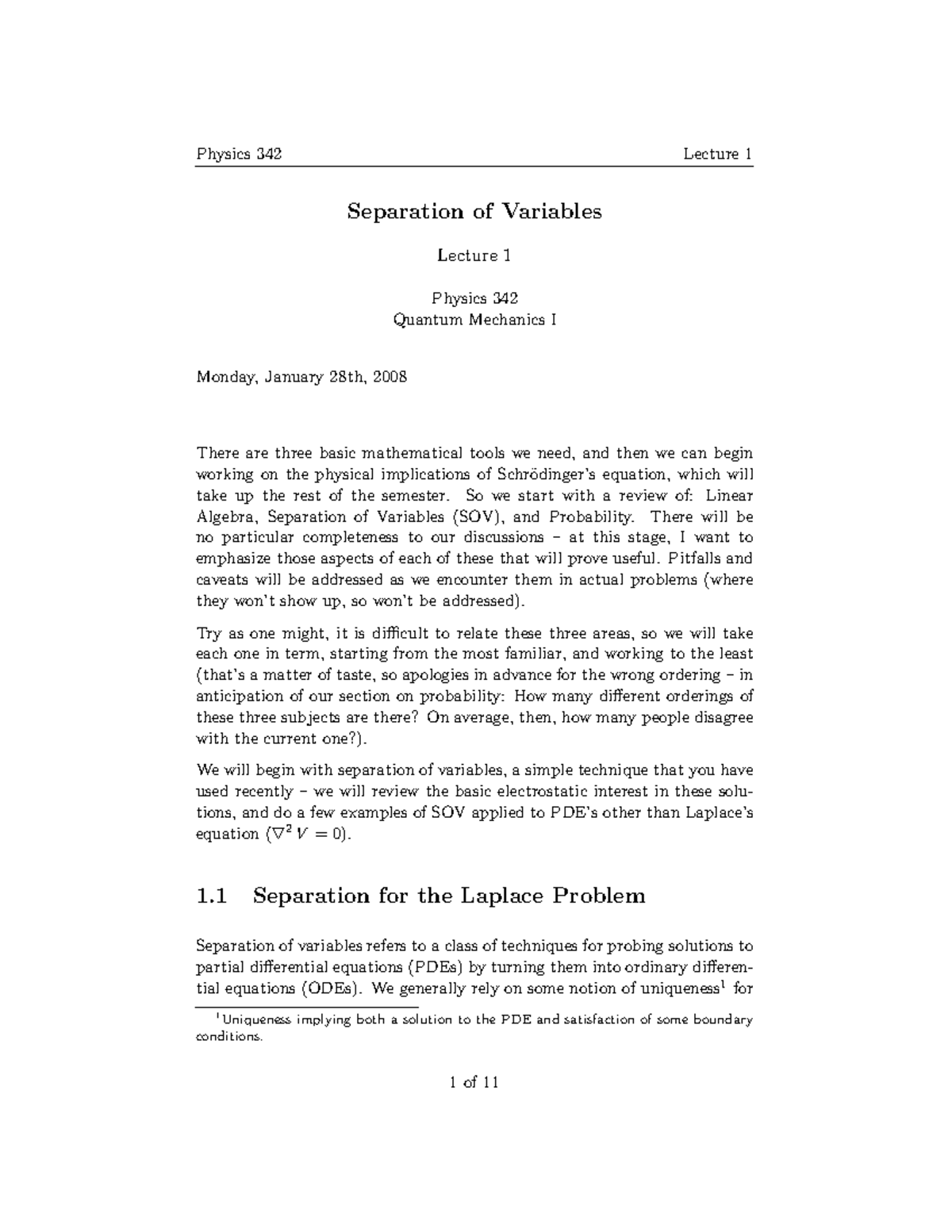Lecture - Notes - Physics 342 Lecture 1 Separation of Variables Lecture ...