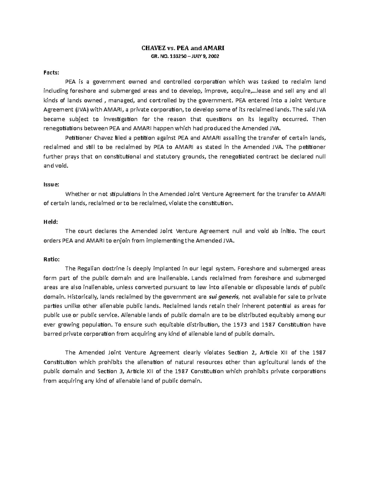 11- Chavez vs. PEA- Amari (Basco) - CHAVEZ vs. PEA and AMARI GR. NO ...