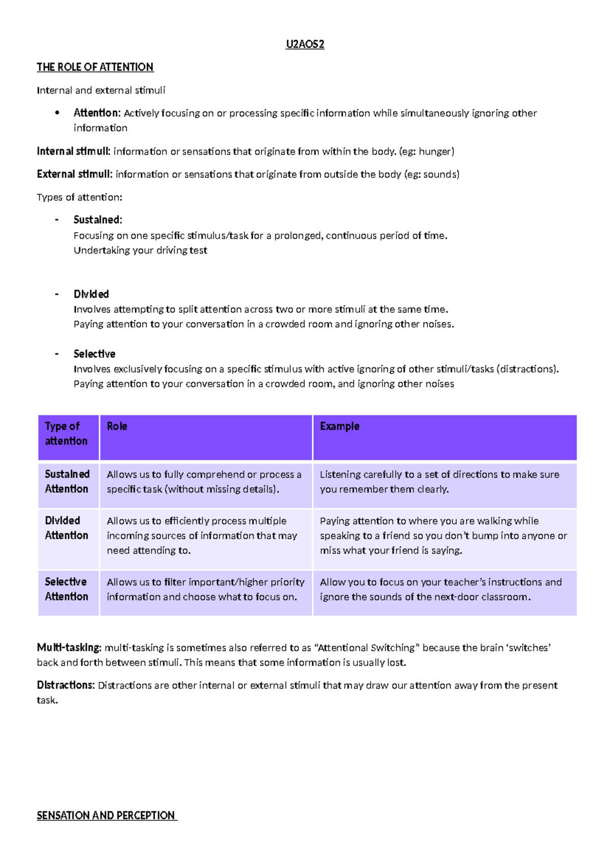 U2AOS2 - U2AOS THE ROLE OF ATTENTION Internal and external stimuli ...