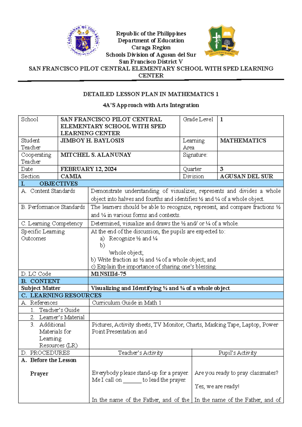 Grade-1-Math-DLP-Fraction - Republic of the Philippines Department of ...