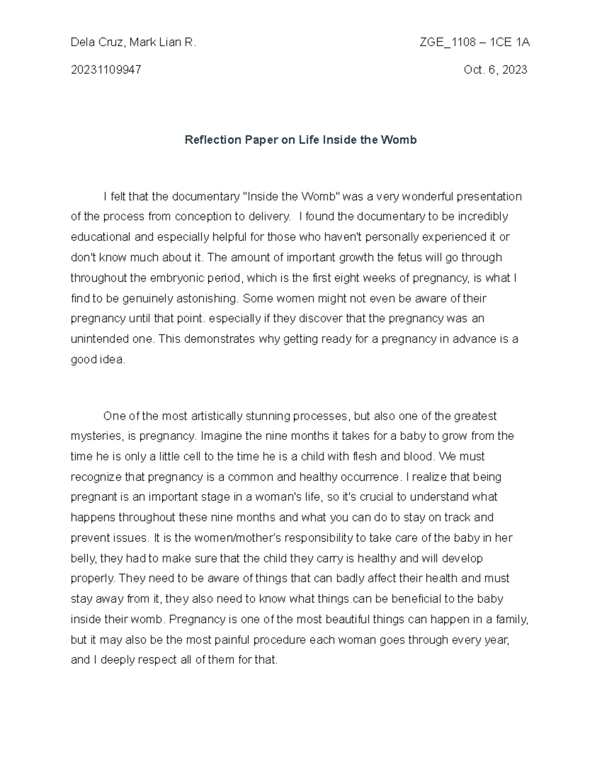Reflection Paper on Life Inside the Womb - Dela Cruz, Mark Lian R. ZGE ...