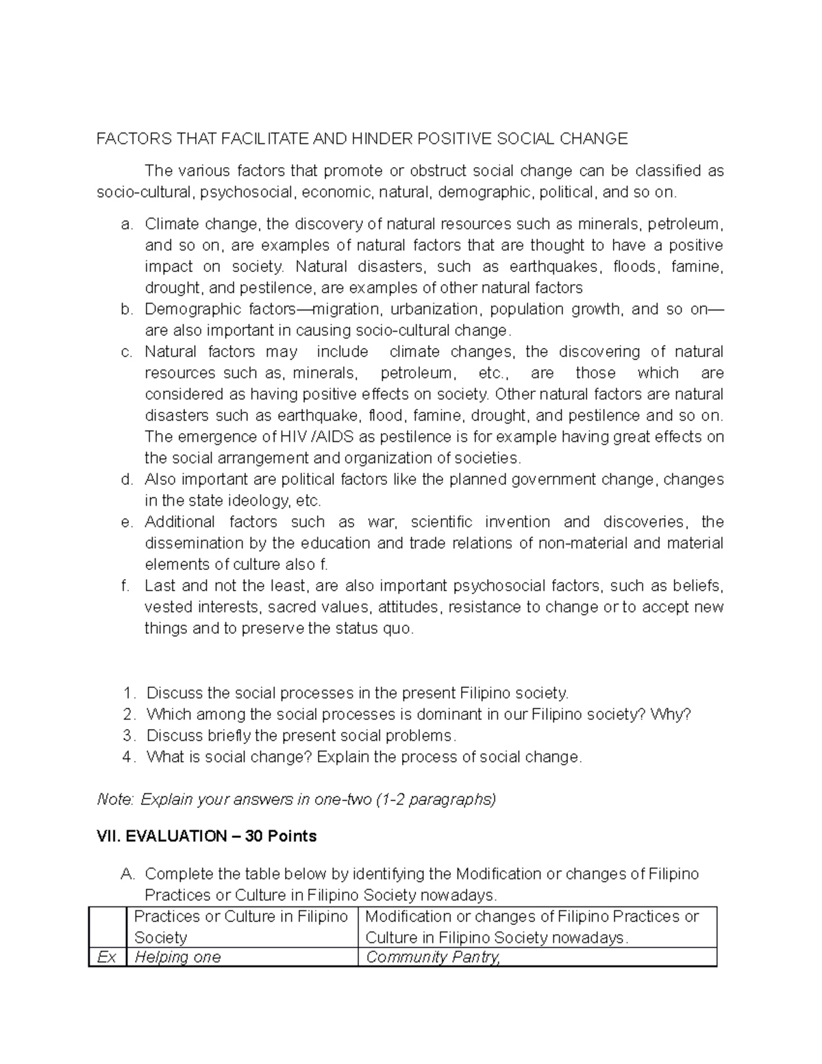 Factors THAT Facilitate AND Hinder Positive Social Change - FACTORS ...
