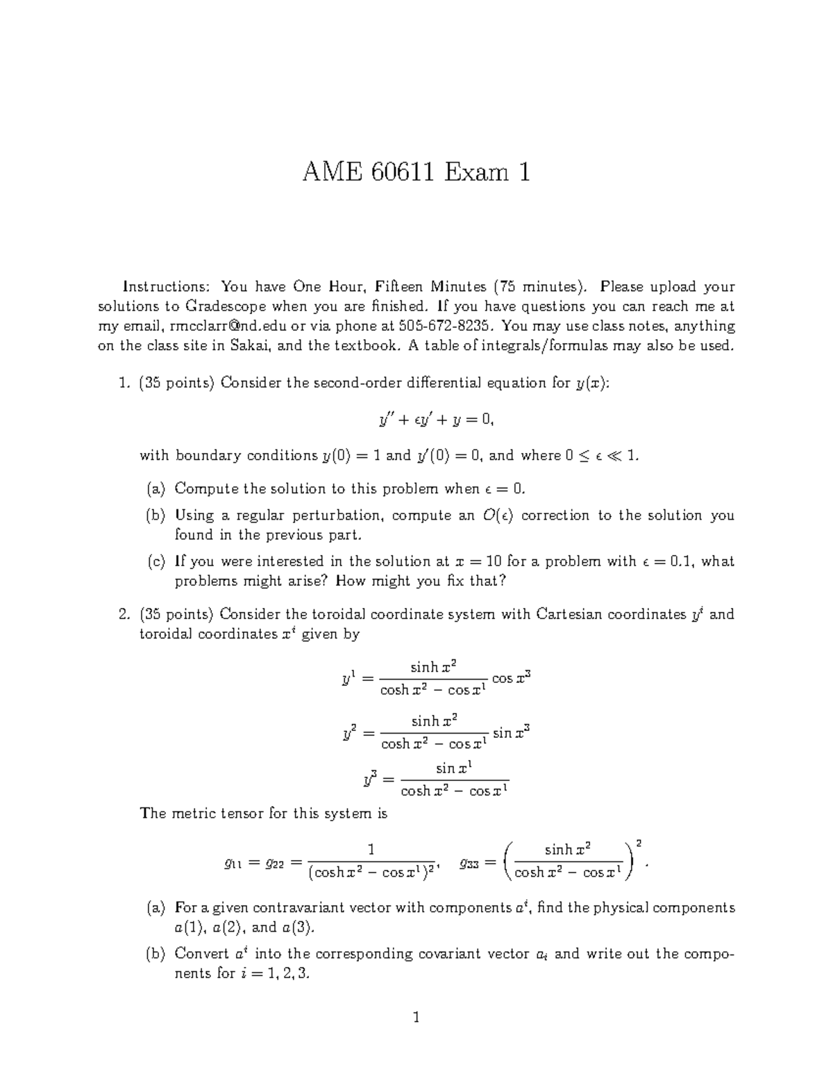 Exam 1 - 2020 - Exam. - AME 60611 Exam 1 Instructions: You have One ...