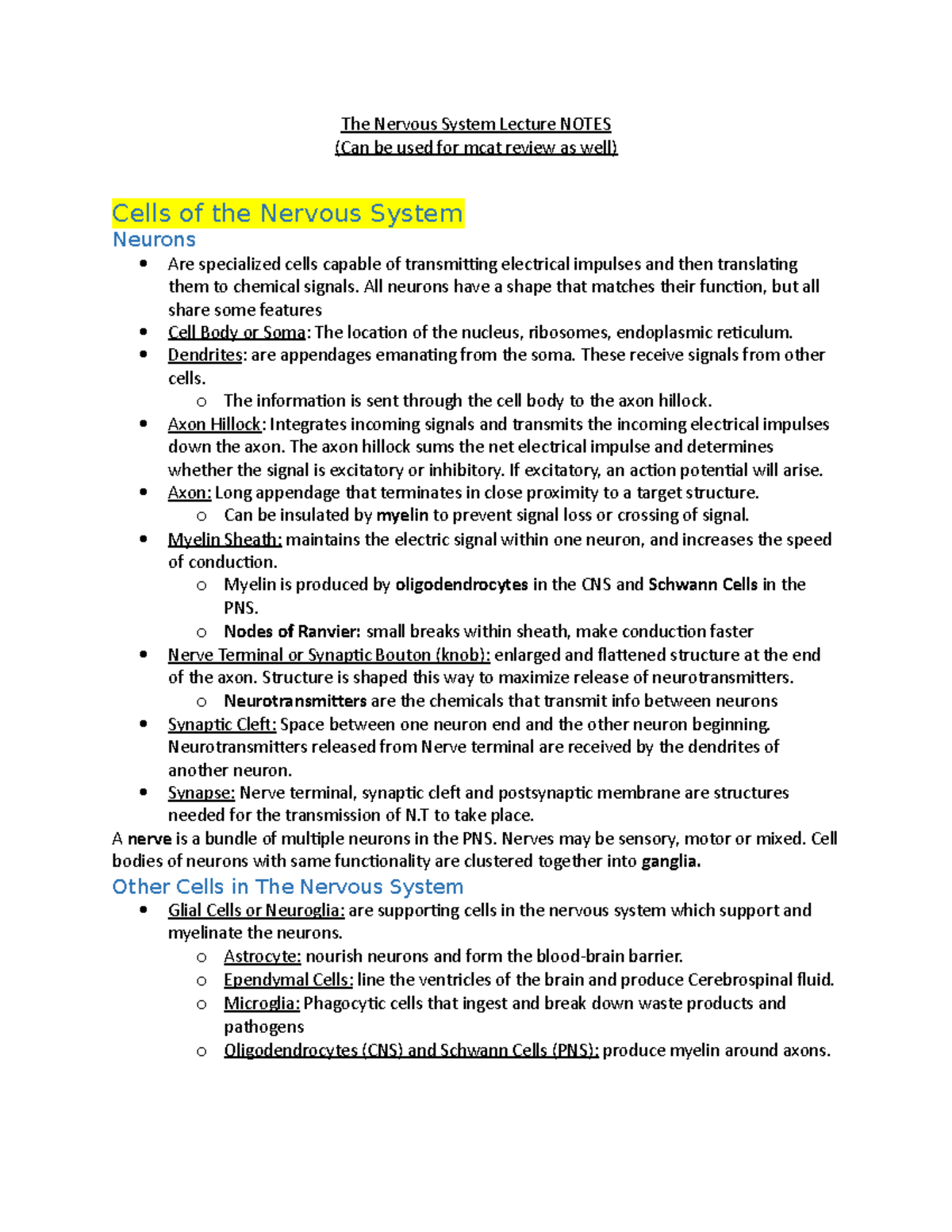 The Nervous System - detailed lecture notes - The Nervous System ...