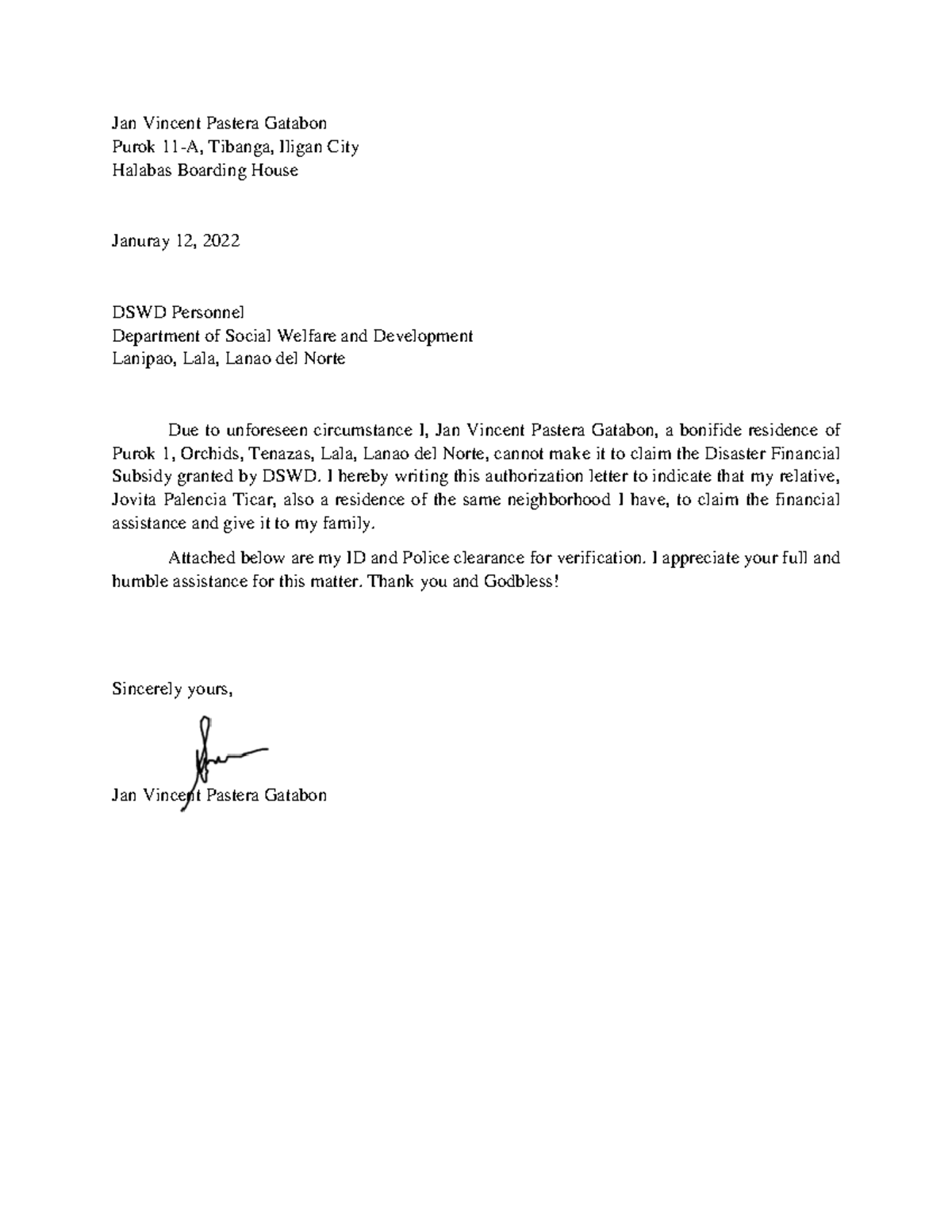 Authorization letter - Jan Vincent Pastera Gatabon Purok 11-A, Tibanga ...