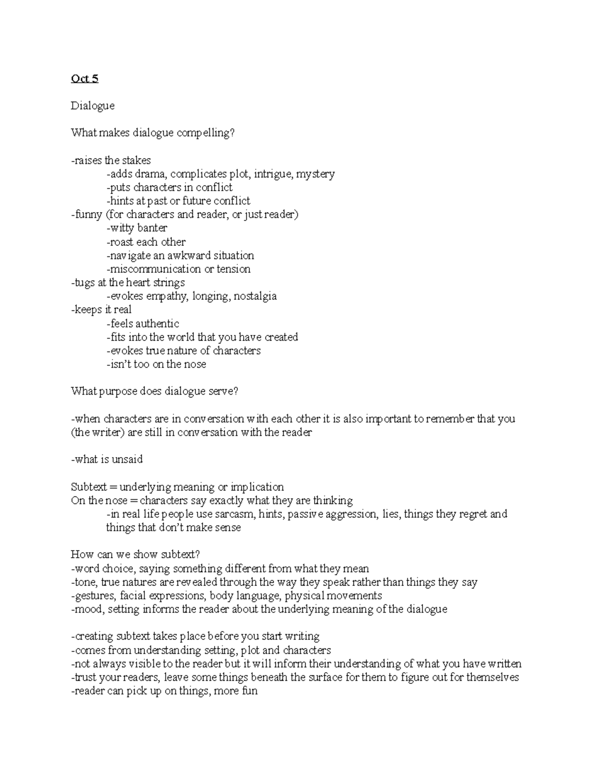 CRWR 209 Lecture 5 - Professor John Vigna - Oct 5 Dialogue What makes ...