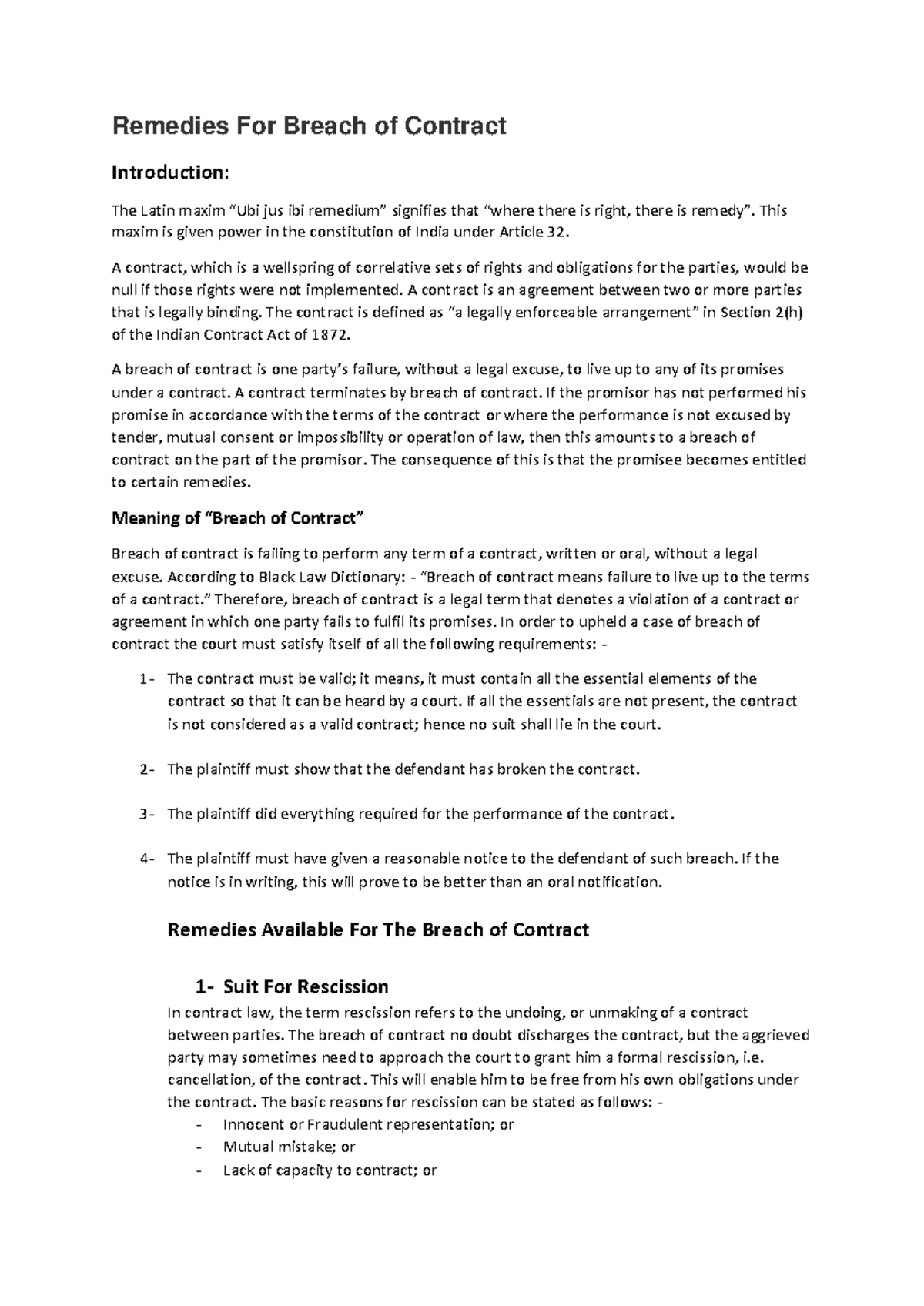 Remedies FOR Breach OF Contract - Remedies For Breach of Contract ...