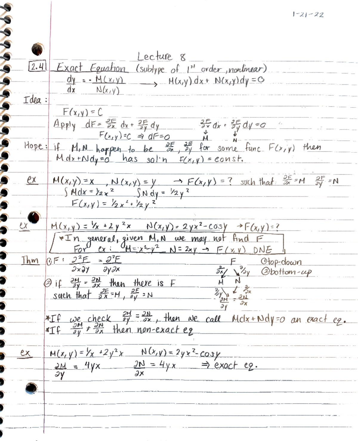 Exact equations - 1-21-22 Lecture 8 2 Exact Equation (subtype of 1st ...
