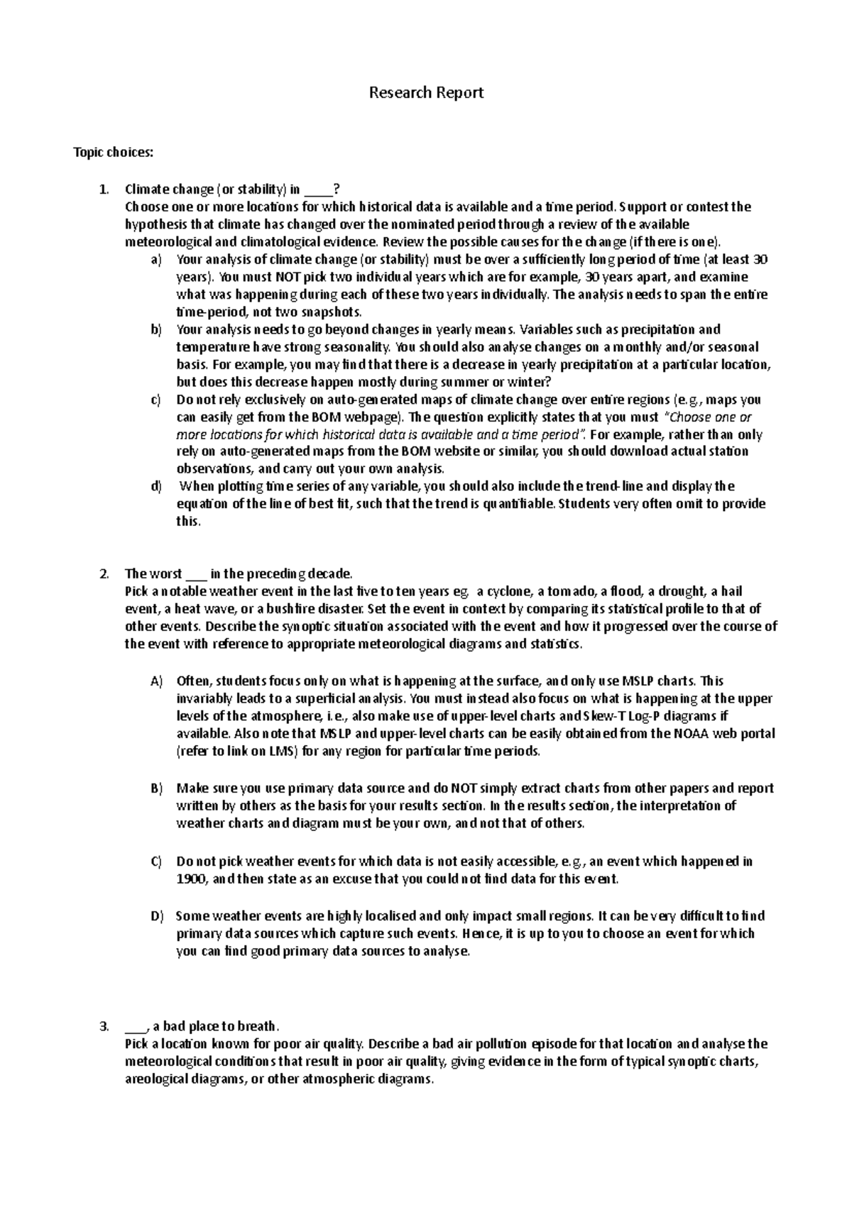 Research Report - Research Report Topic choices: Climate change (or ...