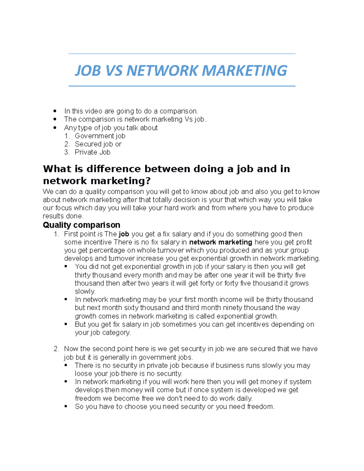 Forever - documents - JOB VS NETWORK MARKETING In this video are going ...