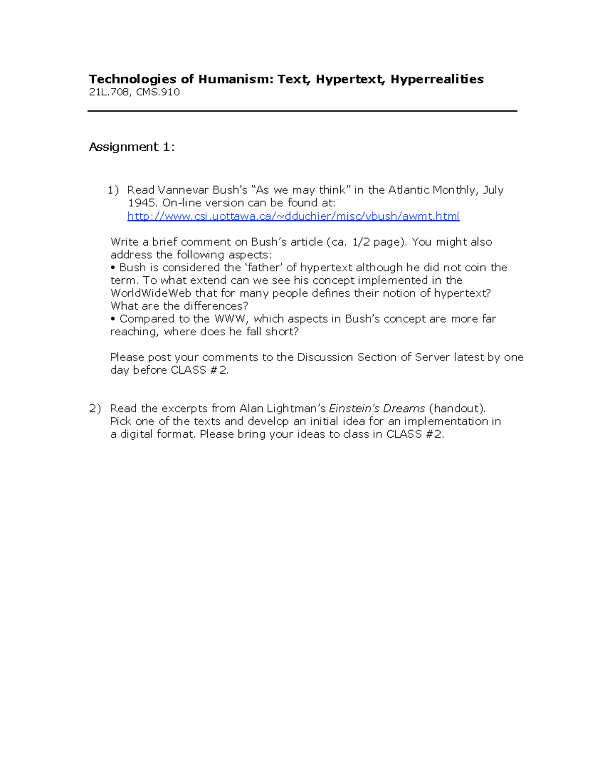 L1 - Lecture Notes - Technologies of Humanism: Text, Hypertext ...