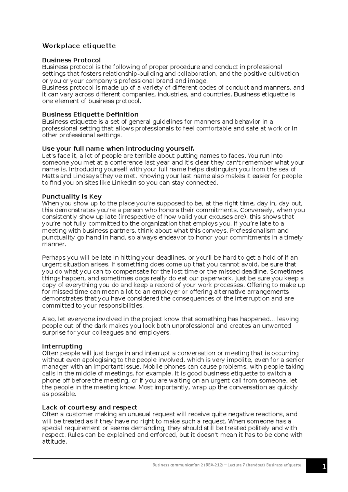 Lecture 7 Business Etiquette Handout Workplace Etiquette Business lecture-7-business-etiquette-handout-workplace-etiquette-business