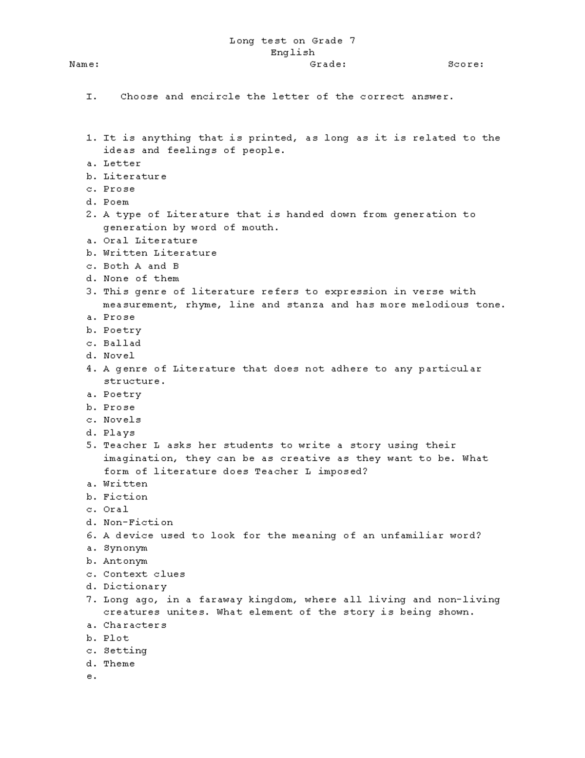 Grade 7 english - good and usefull - Long test on Grade 7 English Name ...