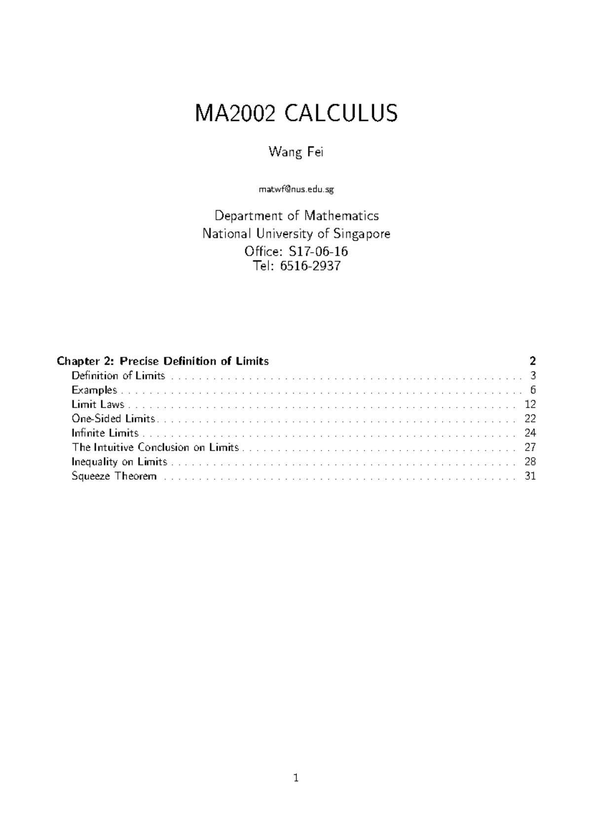 MA2002-Chapter 2 - SEM1 Prof Wang Fei - MA2002 CALCULUS Wang Fei matwf@nus.edu Department of ...