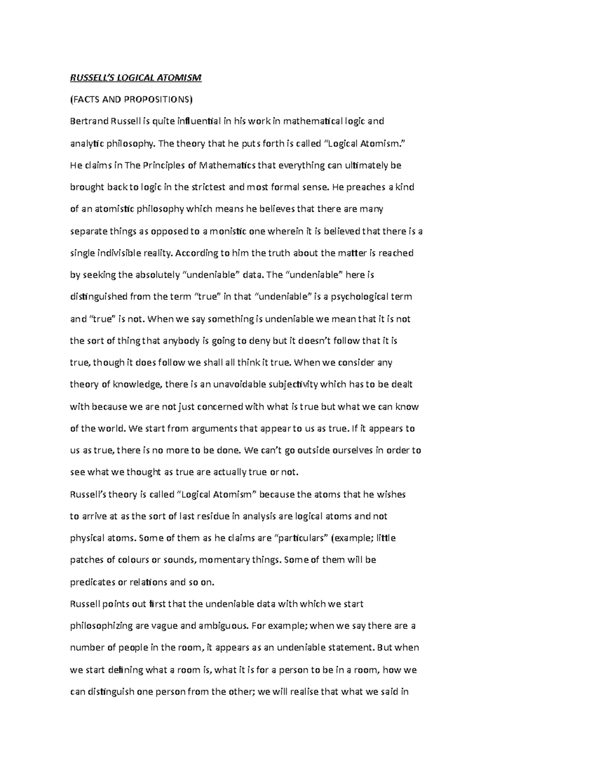 Russell Logical Atomism RUSSELL S LOGICAL ATOMISM FACTS AND russell-logical-atomism-russell-s-logical-atomism-facts-and