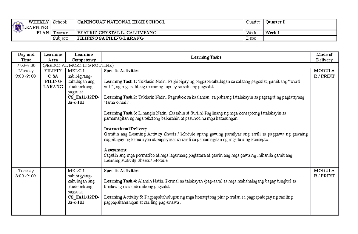 Q1 - W1 - This is an example of a Weekly Home Learning Plan in the ...