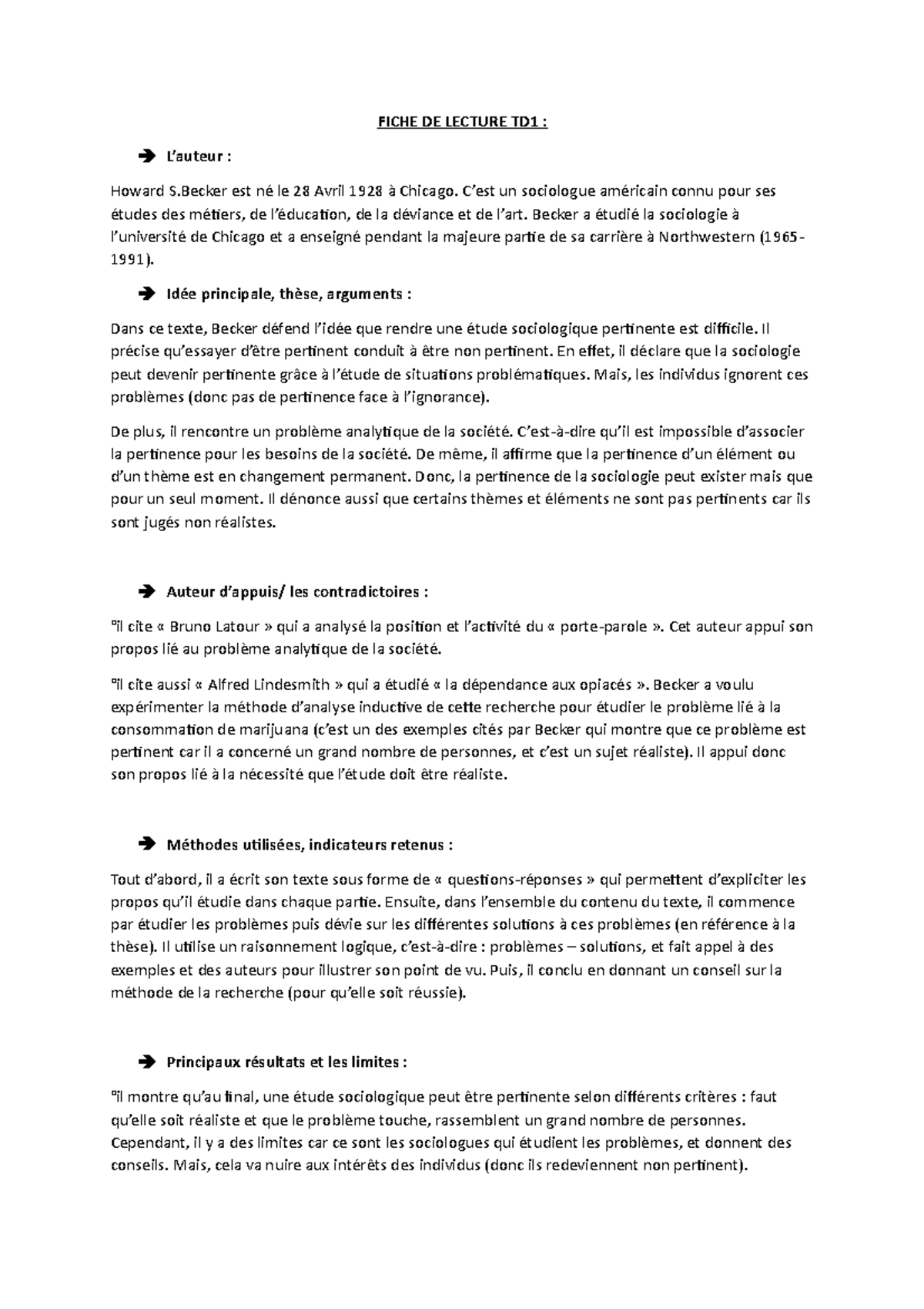 Fiche DE Lecture TD1 - FICHE DE LECTURE TD1 : L’auteur : Howard S est né le 28 Avril 1928 à ...