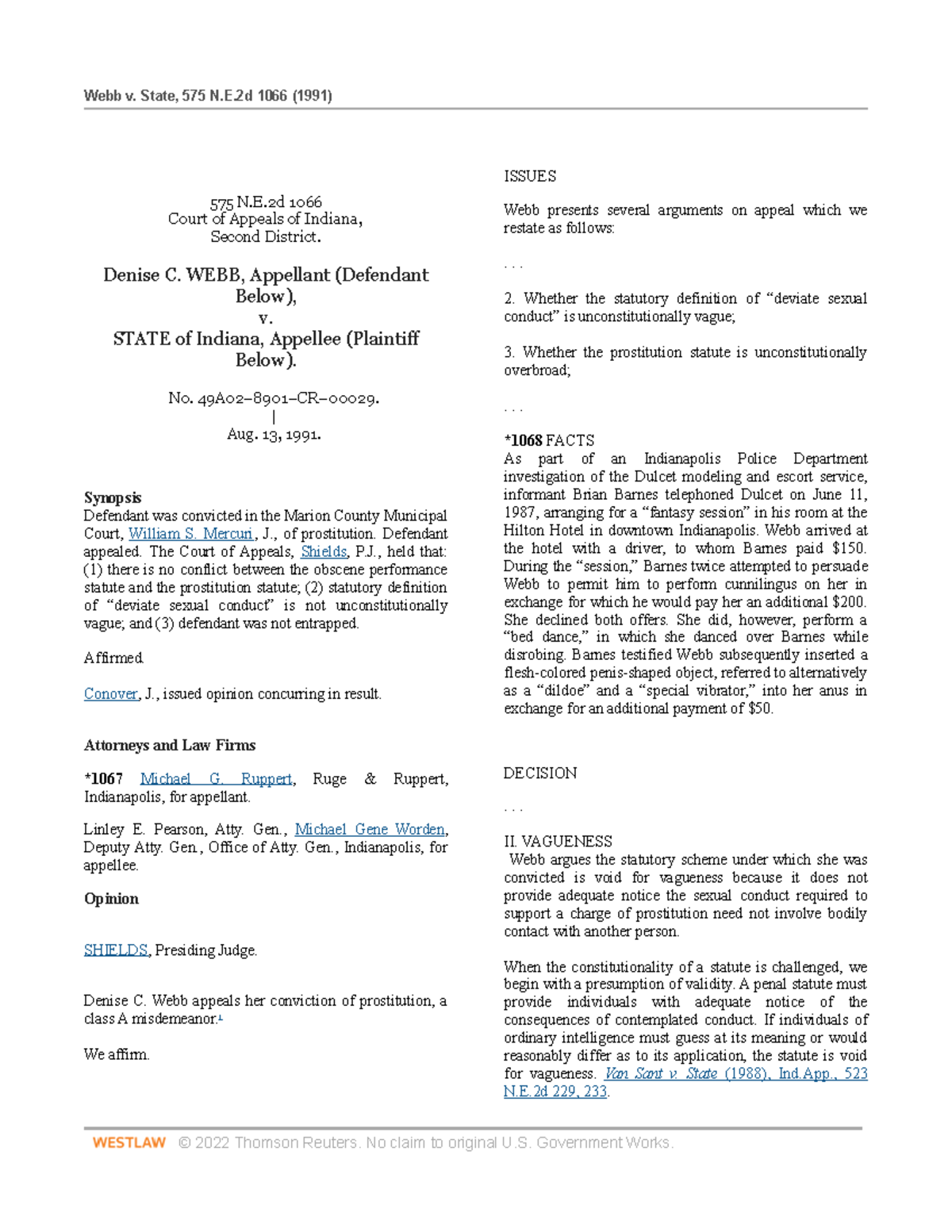 Webb v State prostitution victimless police power case edited - Webb v. State, 575 N.E 1066 ...
