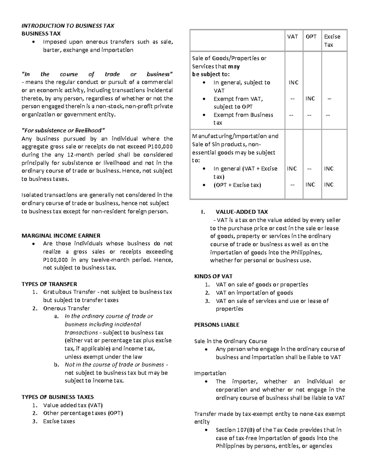 Introduction TO Business TAX - BUSINESS TAX Imposed upon onerous ...