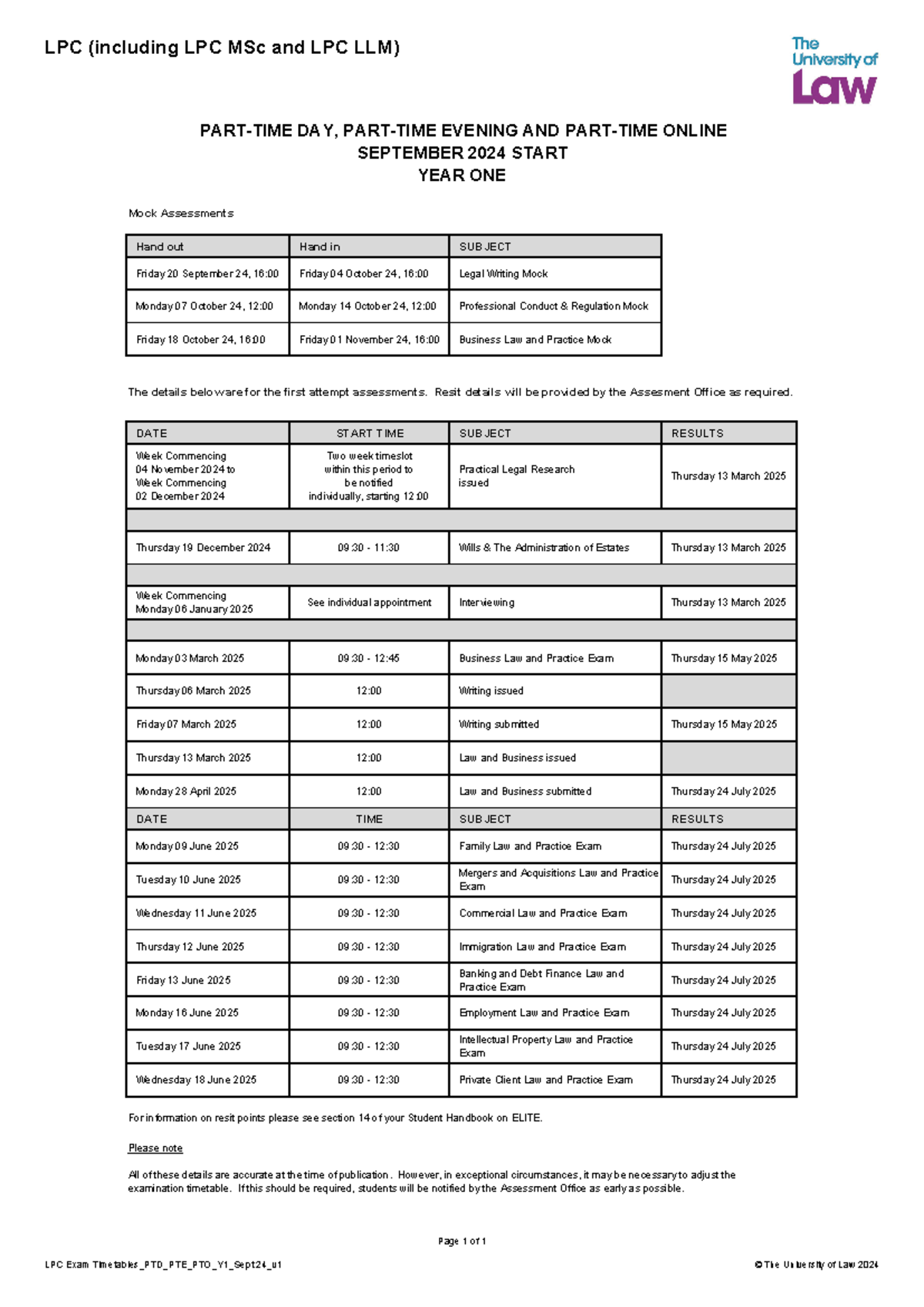 LPC Exam Timetables PTD PTE PTO Y1 Sept 24 v1 - LPC (including LPC MSc ...