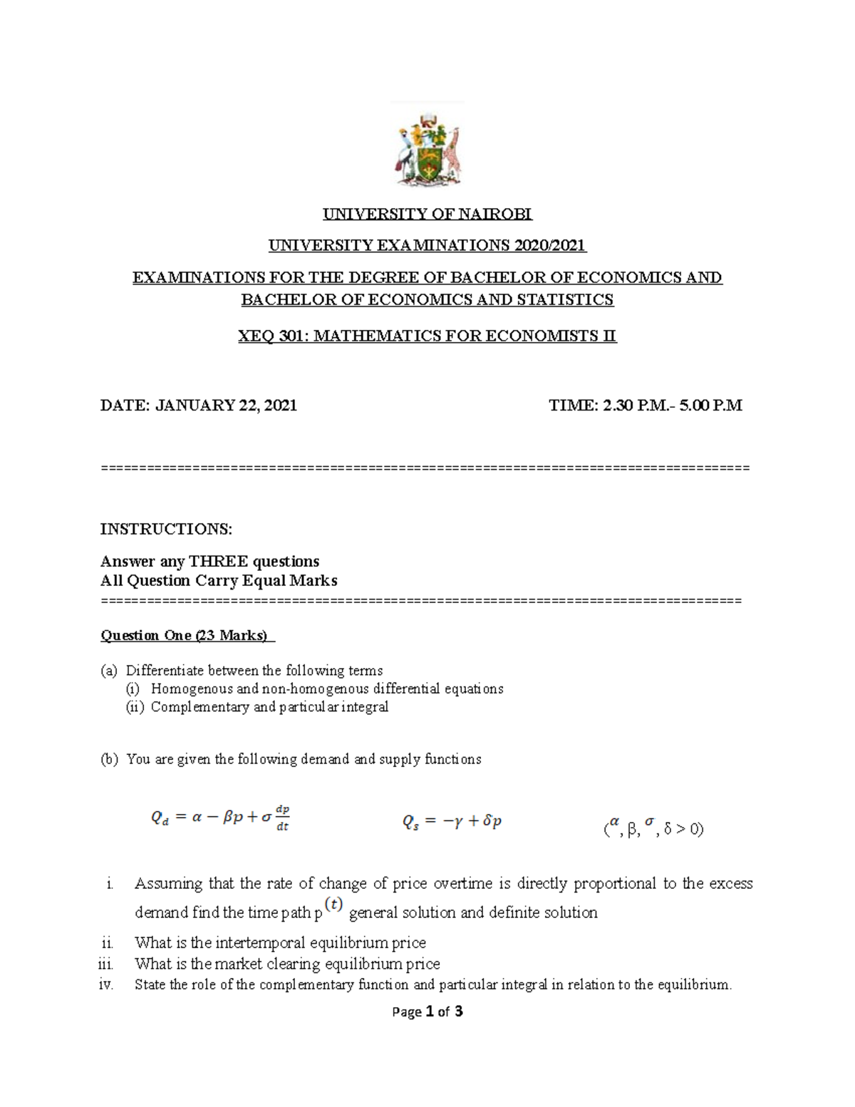 XEQ 301 Mathematics for Economists II Examination January 2021 ...