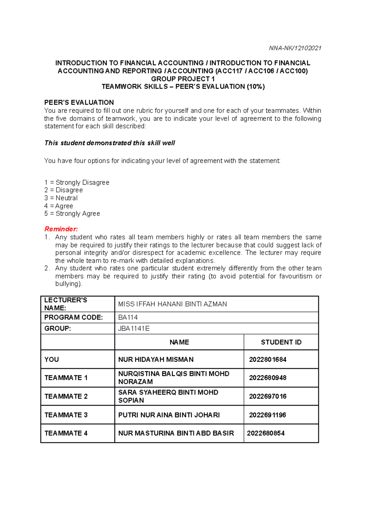 Student COPY ACC117-106-100 Teamwork Rubric FOR Group Project 1 OCT ...